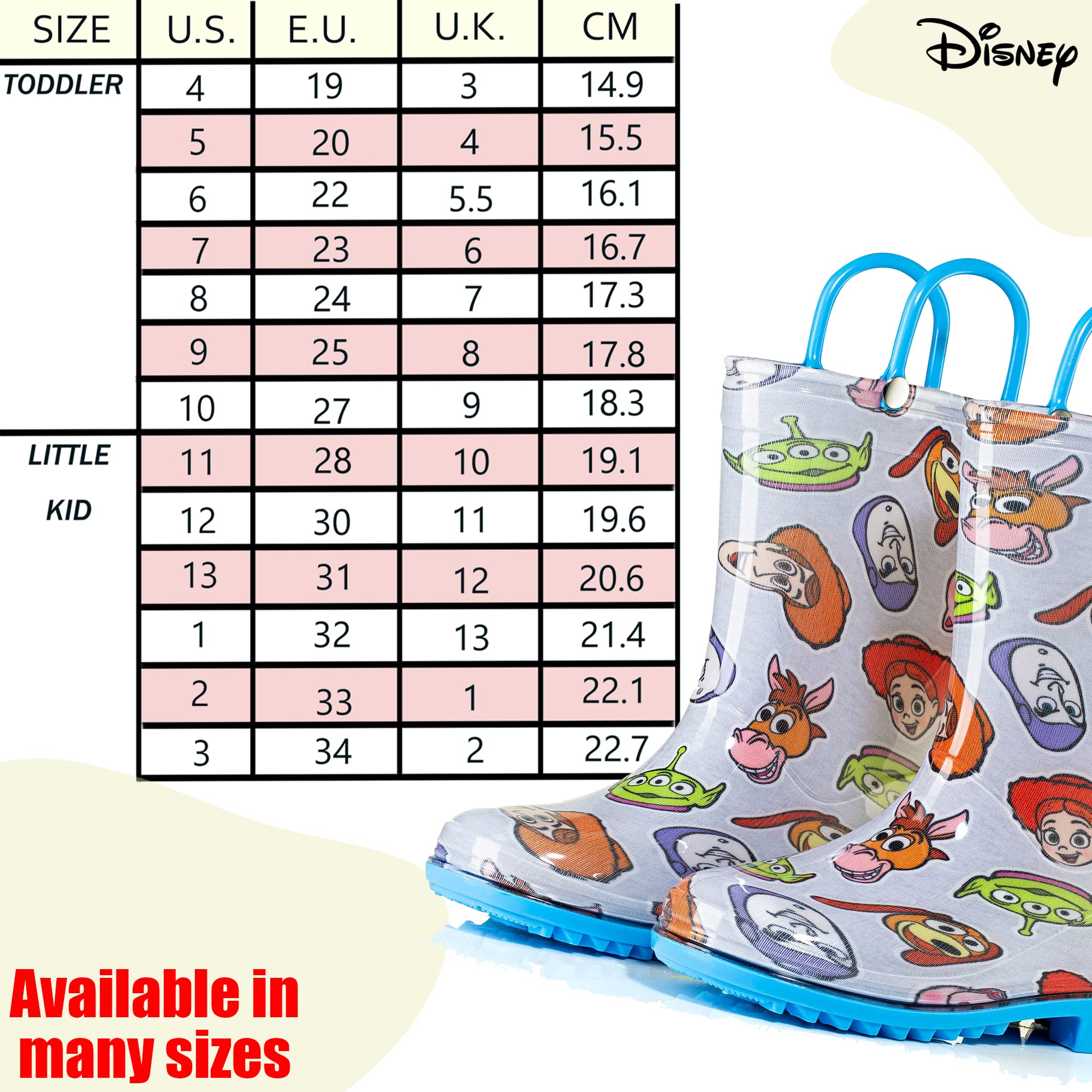 Disney Toy Story Kids PVC Waterproof Rainboots - Woody, Buzz Lightyear, Aliens, Hamm, Rex and Slinky Dog - Size 8 Toddler
