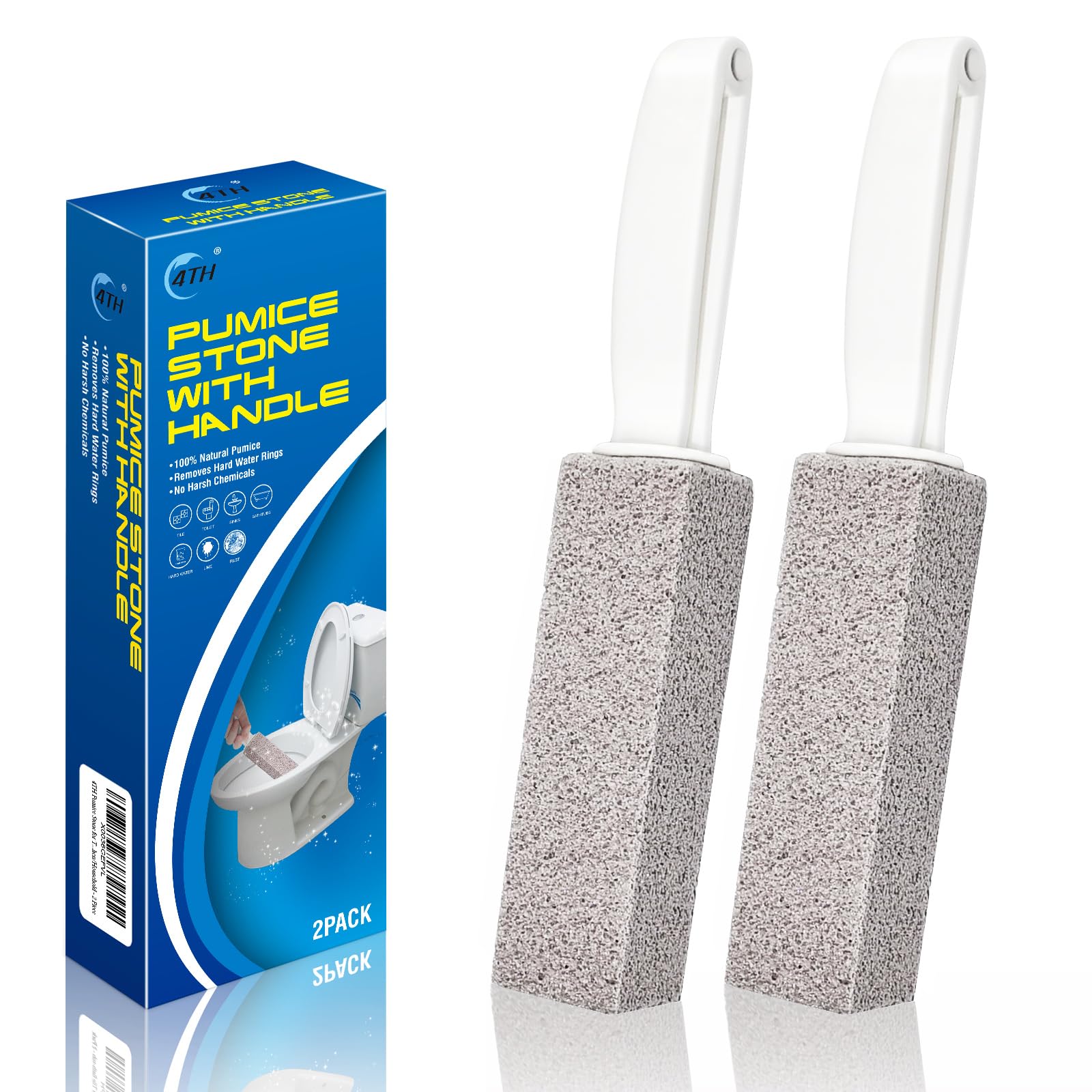 4TH Pumice Stone for Toilet Bowl Cleaning,Pumice Stick with Handle,Cleans Away Limescale Stain,Hard Water Rings, Calcium Buildup,Iron and Rust. Remover for Tile/Bath/Kitchen/Household - 2 Piece