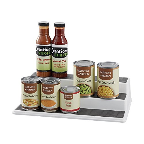 Copco Basics Non-Skid Pantry Cabinet Lazy Susan Turntable, 12-Inch, White/Gray & Non-Skid 3-Tier Spice Pantry Kitchen Cabinet Organizer, 10-Inch, White/Gray