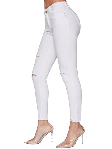 YMI Junior Womens Wannabettabutt Mid-Rise Sustainable Distressed Ankle Denim Jeans (White Rips, 11)
