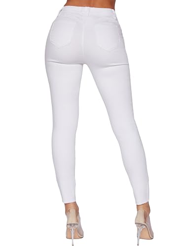YMI Junior Womens Wannabettabutt Mid-Rise Sustainable Distressed Ankle Denim Jeans (White Rips, 11)
