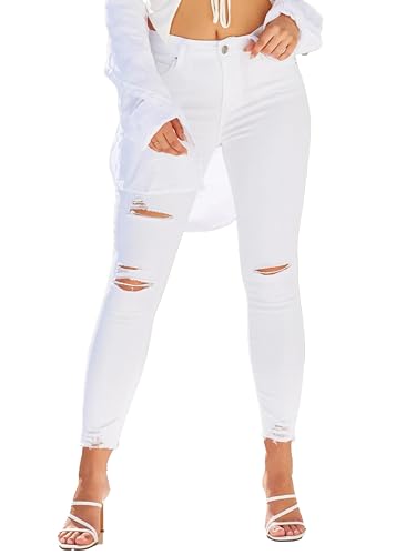 YMI Junior Womens Wannabettabutt Mid-Rise Sustainable Distressed Ankle Denim Jeans (White Rips, 11)