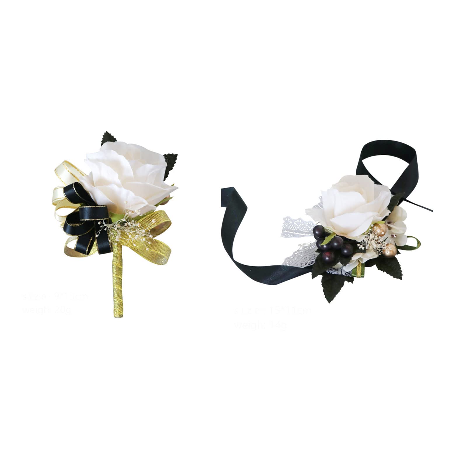 Firlar 2 PCS Wedding Wrist Flower and Mens Corsage, Artificial Ivory Rose Flower Wrist Corsage and Boutonniere Set, Bride Wristlet Band Bracelet and Men Boutonniere Set for Wedding Party Prom Suit