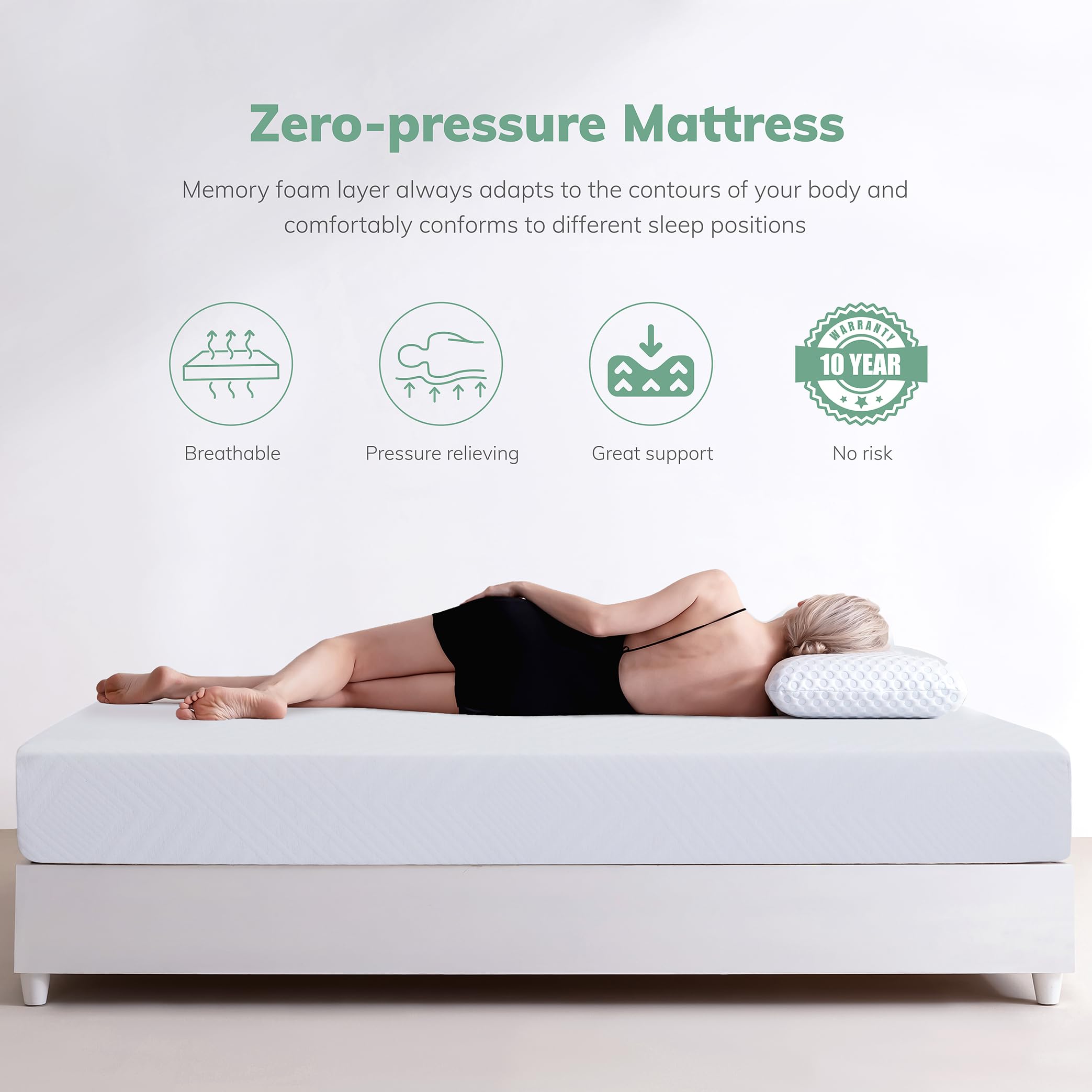 EGO White 8 Inch Queen Memory Foam Mattress, Gel Green Tea Mattress Bed in a Box, CertiPUR-US Certified, Double Mattress, 60"x80", Medium Firm