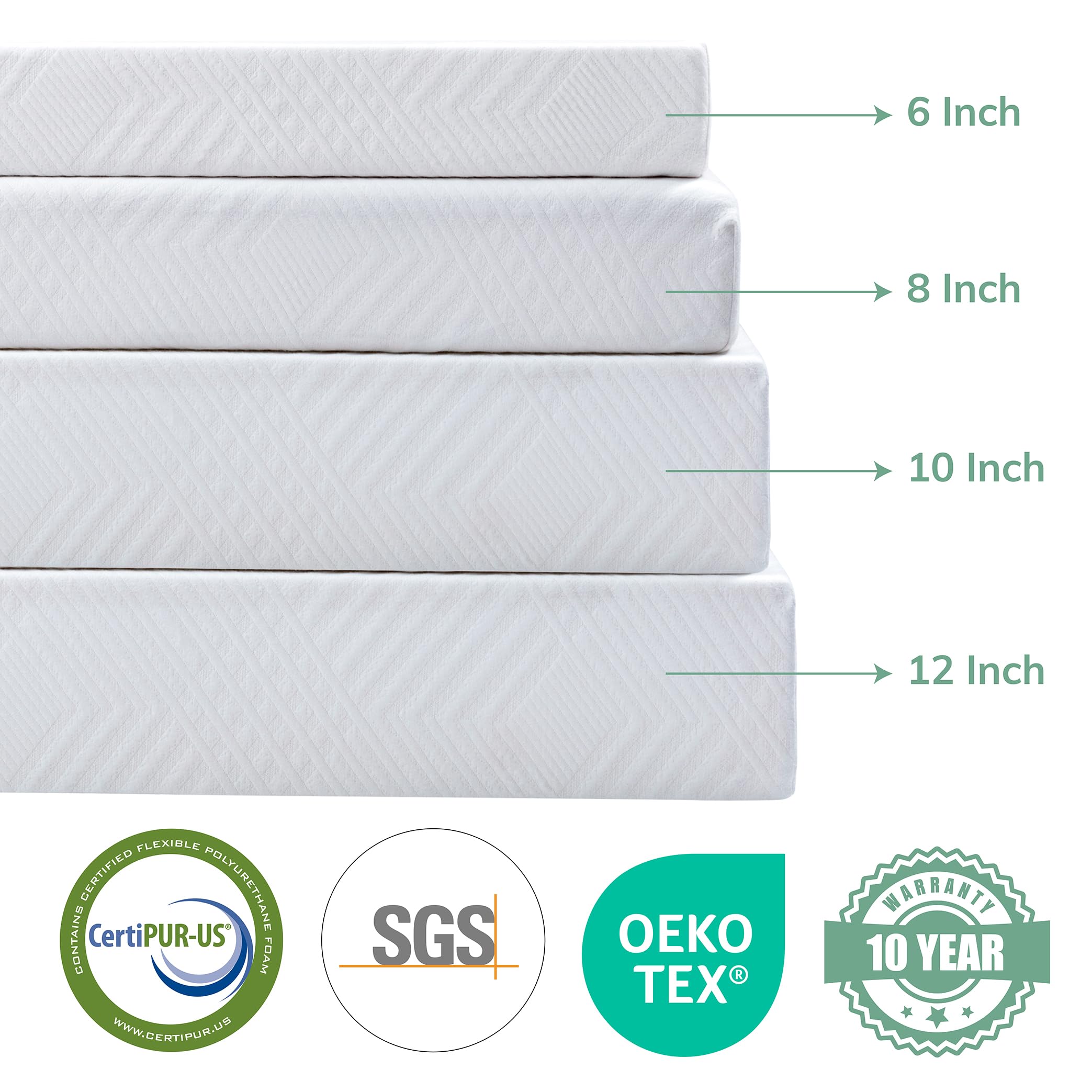 EGO White 8 Inch Queen Memory Foam Mattress, Gel Green Tea Mattress Bed in a Box, CertiPUR-US Certified, Double Mattress, 60"x80", Medium Firm