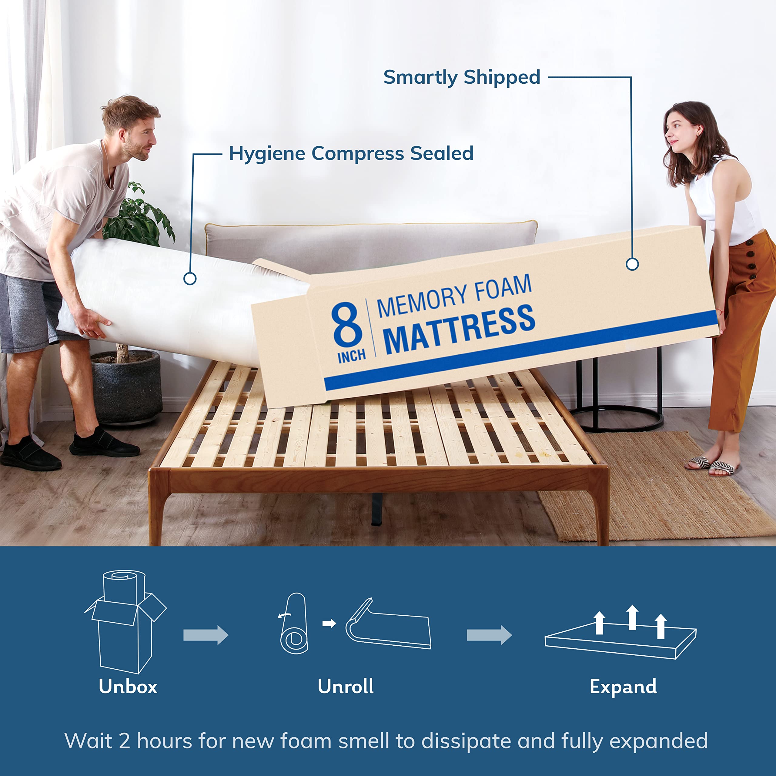 EGO White 8 Inch Queen Memory Foam Mattress, Gel Green Tea Mattress Bed in a Box, CertiPUR-US Certified, Double Mattress, 60"x80", Medium Firm