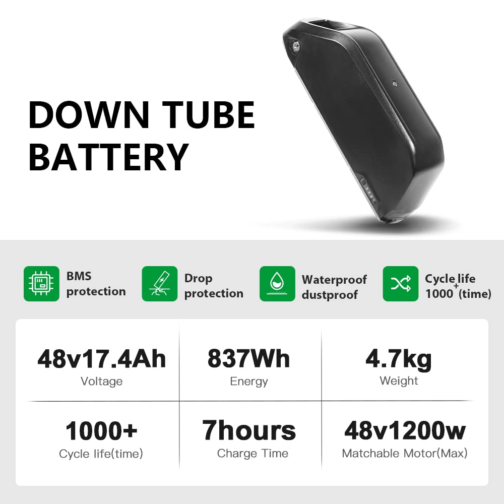 Yose Power Ebike Battery 48V 17.4Ah Down Tube Battery for 100W-1200W Motor, Electric Bicycle Lithium-Ion Battery, Safe Lock, Led Indicator Light, with Base and Charger