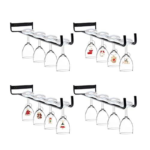 Oppro 4 Pack Wine Glass Holder, Metal Wall Mounted Glass Rack Holds 16 Red Wine Glass with Screws and 8pcs Wine Charms, Multifunctional Iron Hanging Storage Rack Under Cabinet, Black 4 Rows