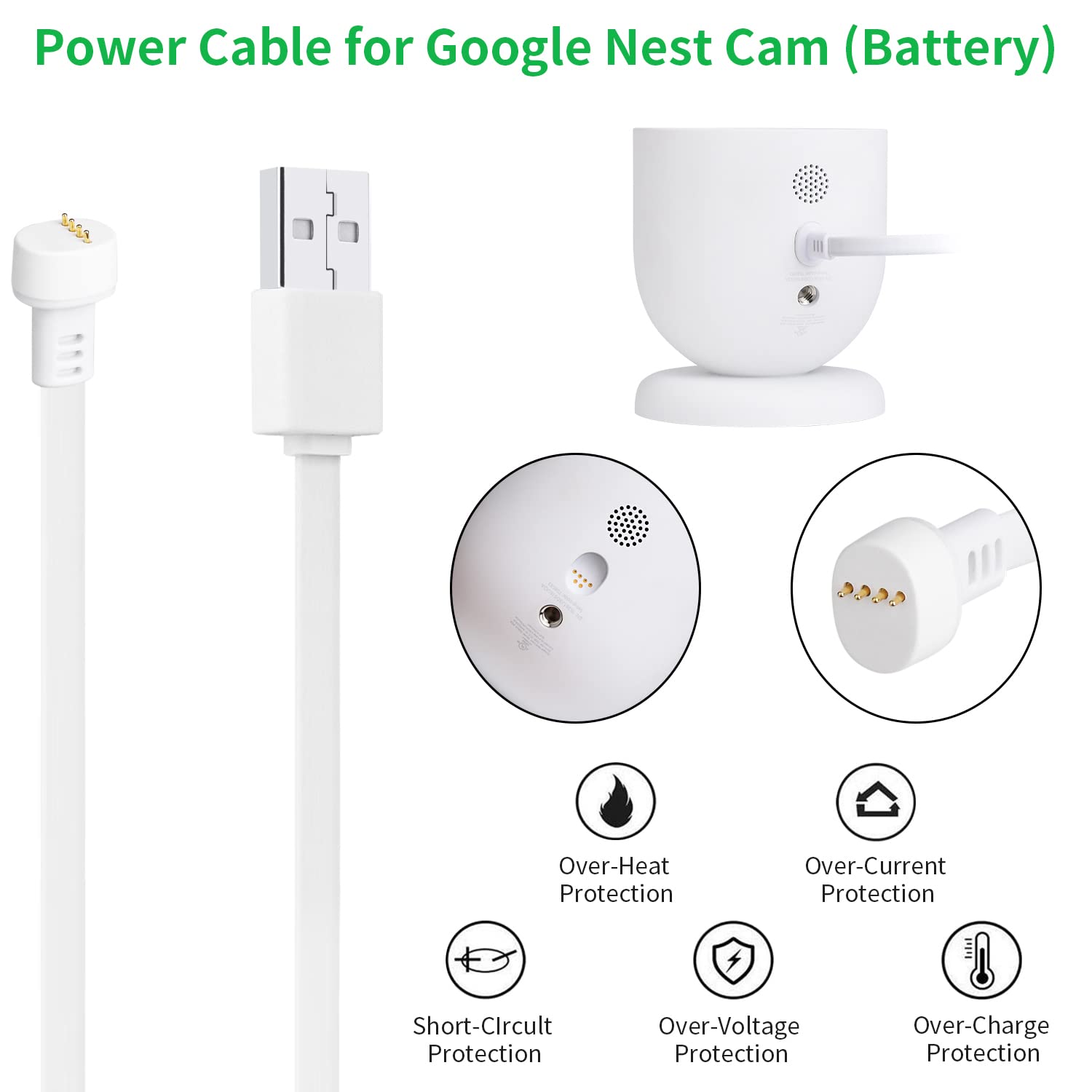 Power Adapter for Google Nest Cam (Battery), with 16.4Ft/5m Weatherproof Charging Cable Continuously Power Your Nest Cam (Battery) - White