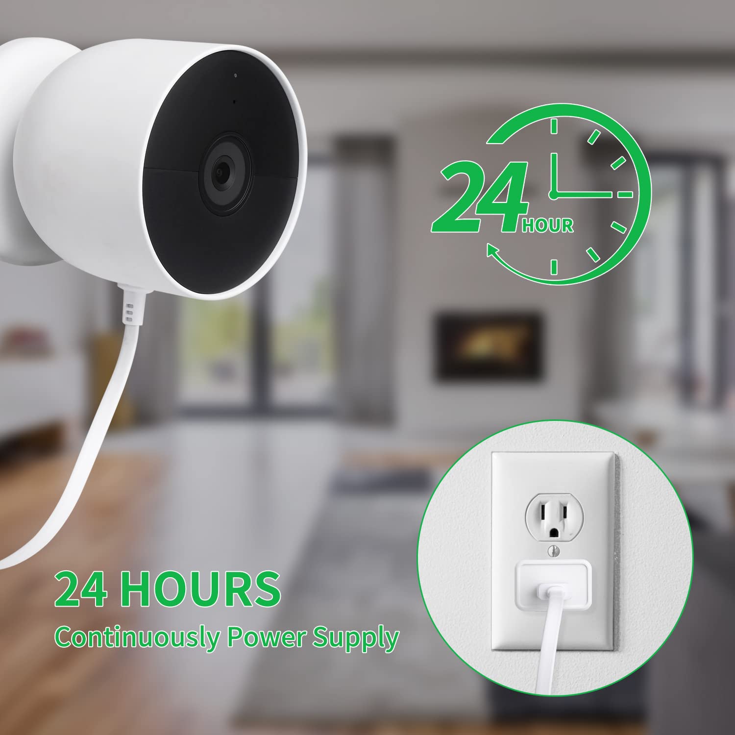 Power Adapter for Google Nest Cam (Battery), with 16.4Ft/5m Weatherproof Charging Cable Continuously Power Your Nest Cam (Battery) - White