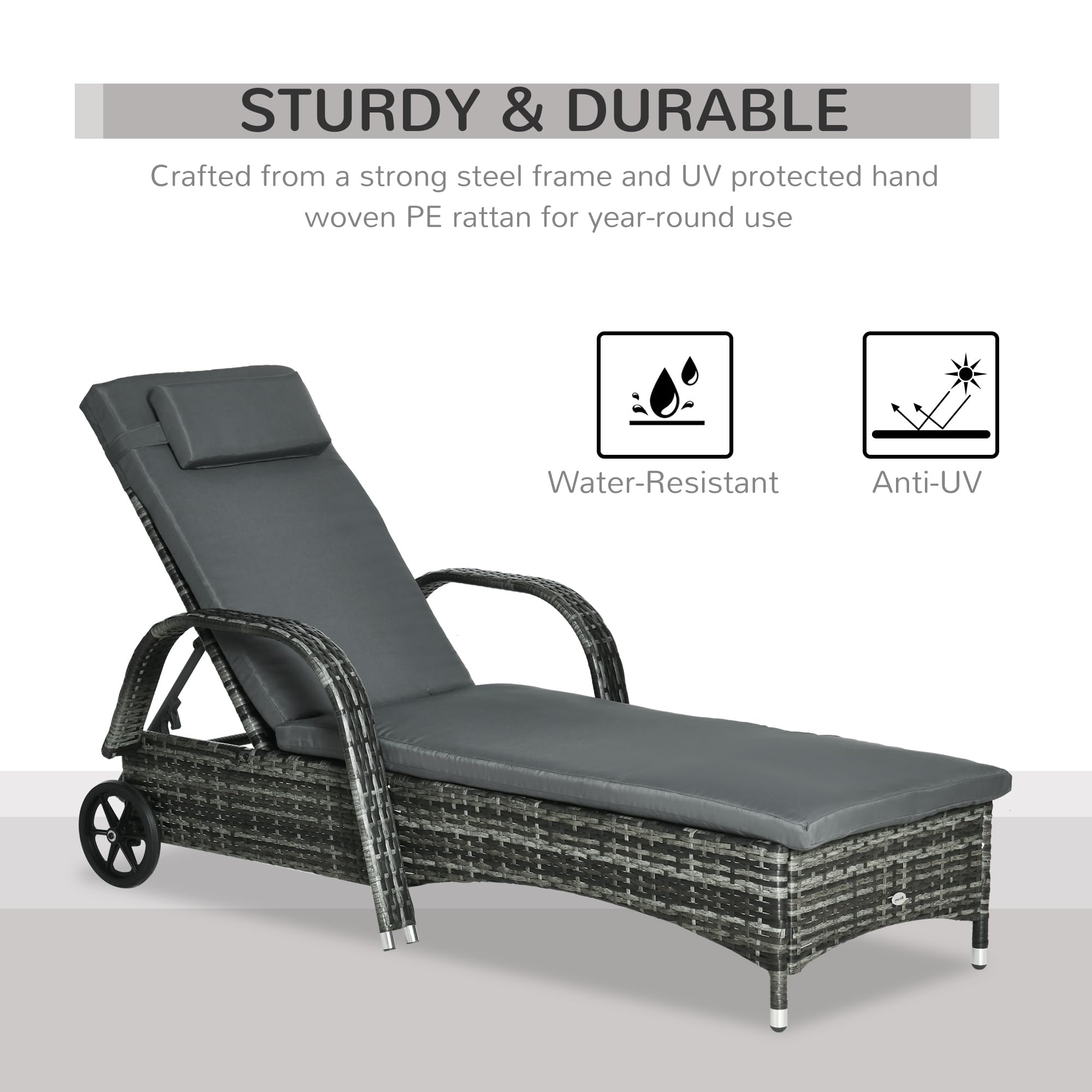 Outsunny Wicker Outdoor Chaise Lounge, 5-Level Adjustable Backrest PE Rattan Pool Lounge Chair with Wheels, Cushion & Headrest, Mixed Gray and Charcoal Gray