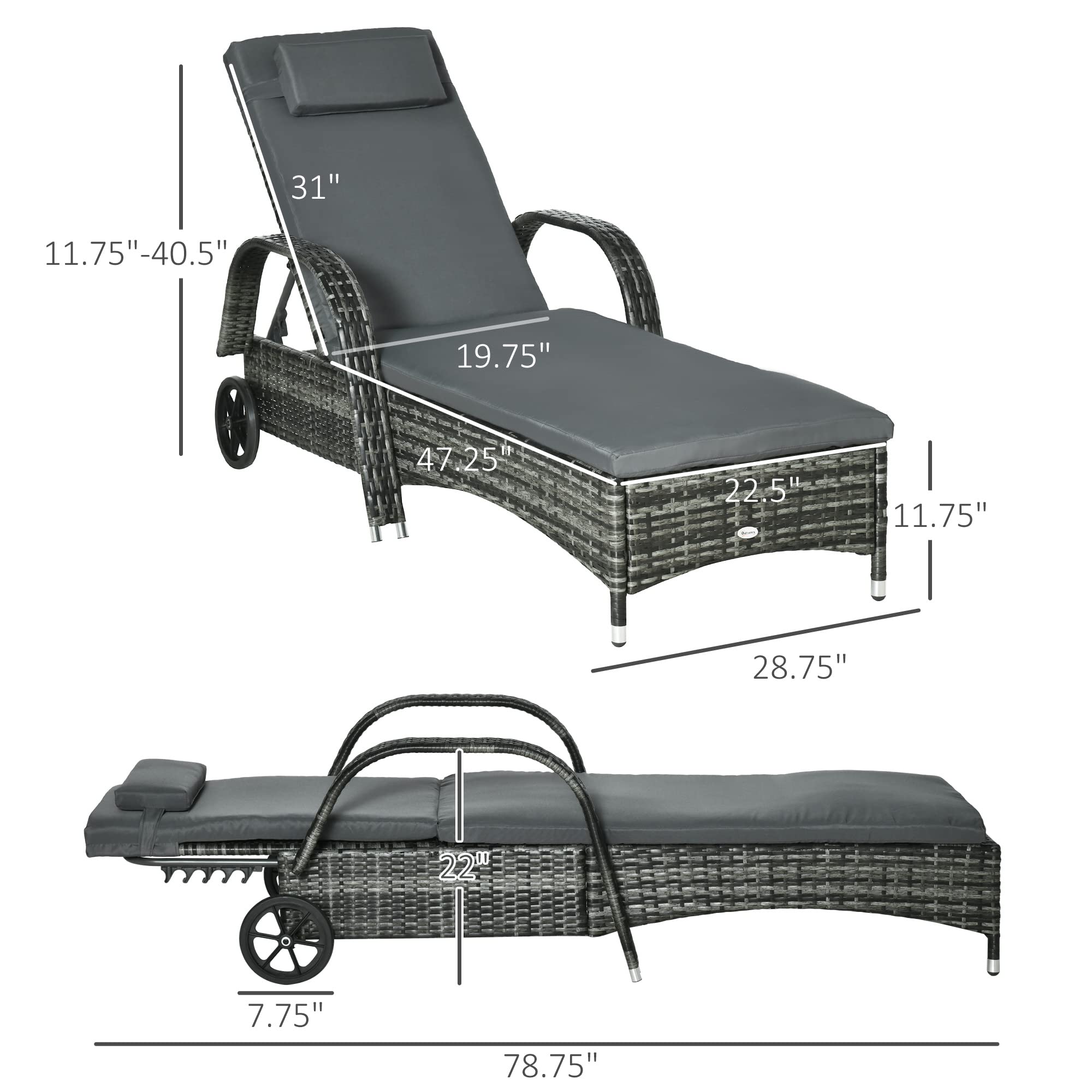 Outsunny Wicker Outdoor Chaise Lounge, 5-Level Adjustable Backrest PE Rattan Pool Lounge Chair with Wheels, Cushion & Headrest, Mixed Gray and Charcoal Gray