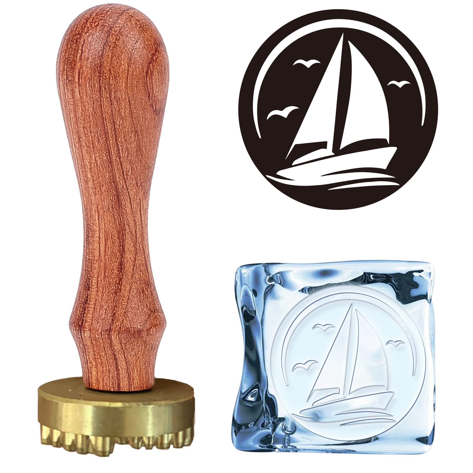 ORIGACH Sailboat Pattern Ice Stamp with Removable Brass Head & Wood Handle Ice Branding Stamp for Drinks Bar DIY Cocktail Martini Whiskey Mojito