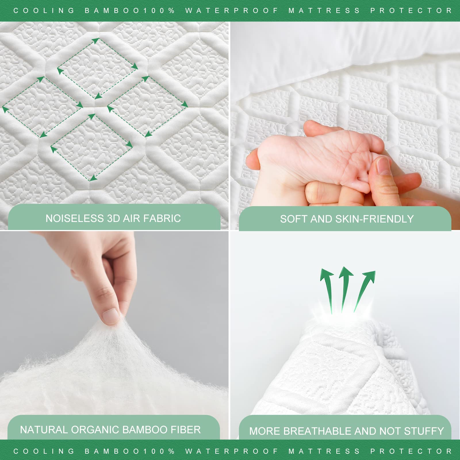 UNILIBRA Queen Size Waterproof Mattress Protector, 3D Air Rayon Made from Bamboo Cooling Mattress Cover, Breathable Deep Pocket Mattress Pad Fits to 8''-21'' White