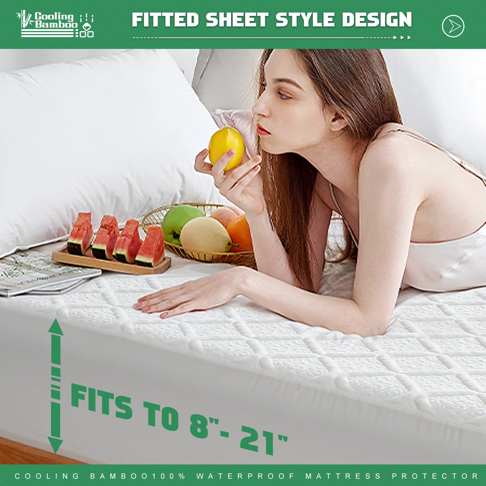 UNILIBRA Queen Size Waterproof Mattress Protector, 3D Air Rayon Made from Bamboo Cooling Mattress Cover, Breathable Deep Pocket Mattress Pad Fits to 8''-21'' White