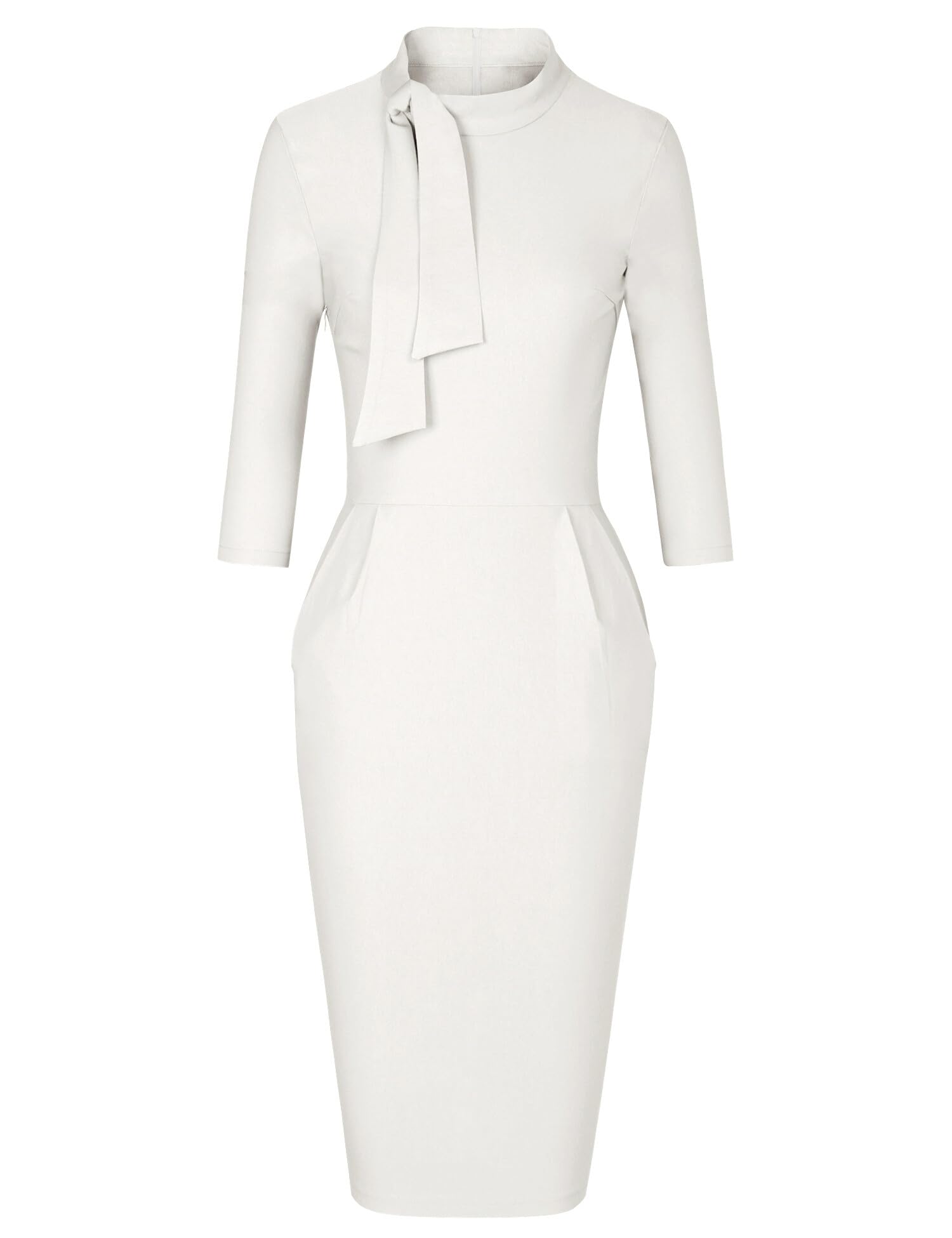 MUXXN Ladies 3/4 Sleeves Knee Length Mock Neck Formal Wear to Work Pencil Dress Off White M