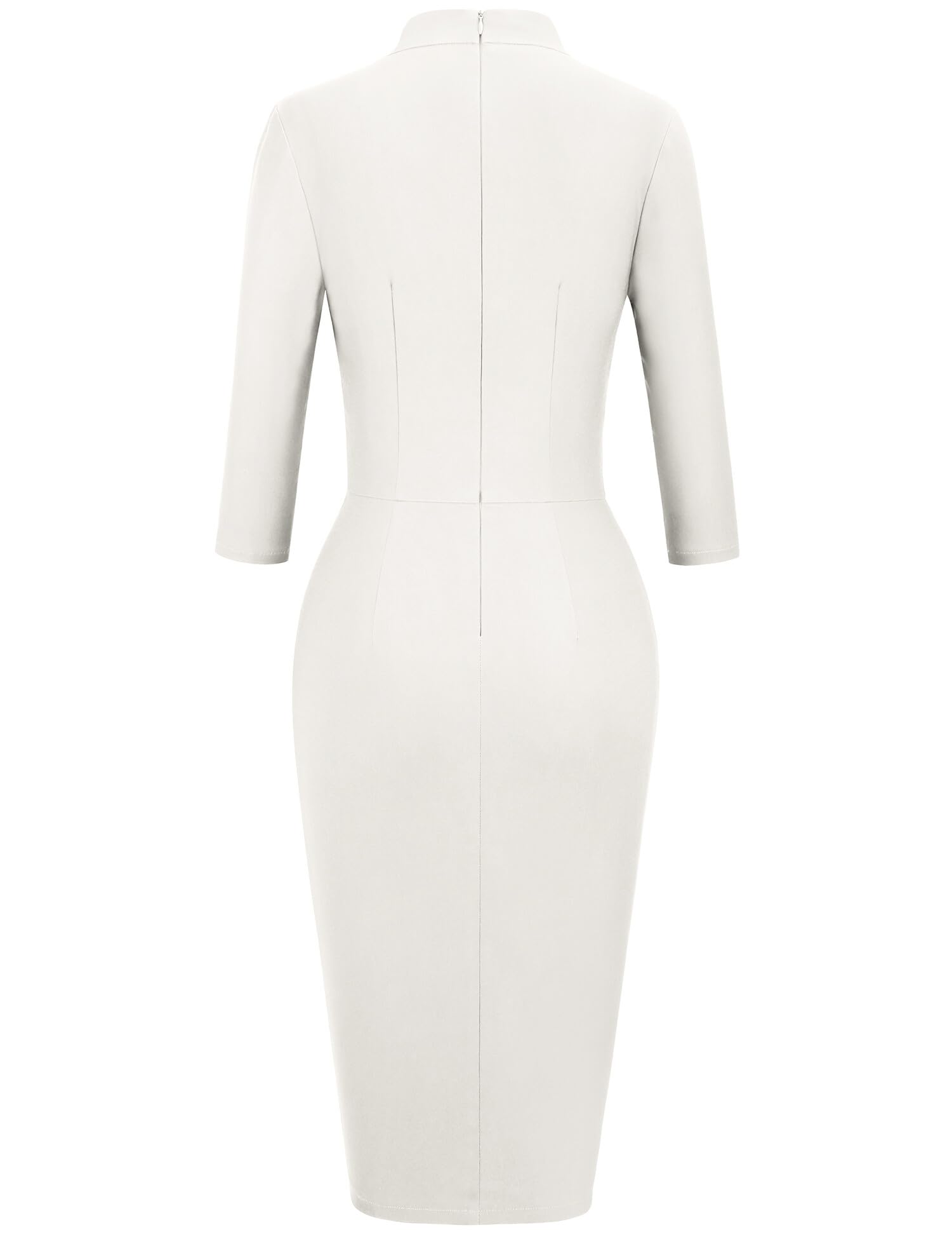 MUXXN Ladies 3/4 Sleeves Knee Length Mock Neck Formal Wear to Work Pencil Dress Off White M