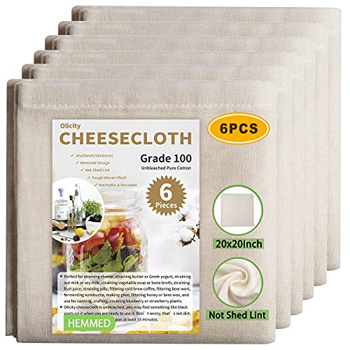 Olicity Cheese Cloths, Grade 100, 20x20Inch Hemmed Cheesecloth for Straining Reusable, 100% Unbleached Precut Cheese Cloth Strainer Muslin Cloth for Cooking, Baking, Juicing, Cheese Making - 6 PCS
