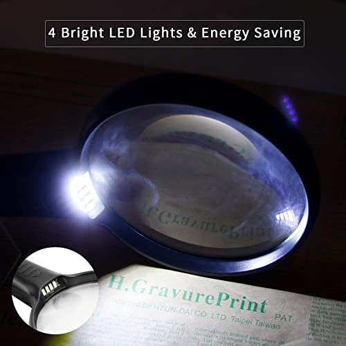 Magnifying Glass with Light, 10X 20X High Magnification, Large Handheld Magnifier with 4 LED Light, Suitable for Low Vision Seniors Reading, Jewelry, Coin, Science.