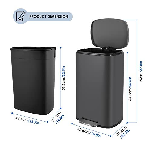 FINETONES Trash Can, Stainless Steel Garbage Can with Silent Lid, Durable Pedal & Inner Bucket, Pedal Garbage Bin for Kitchen Inside Outside (50L, Dark Gray)