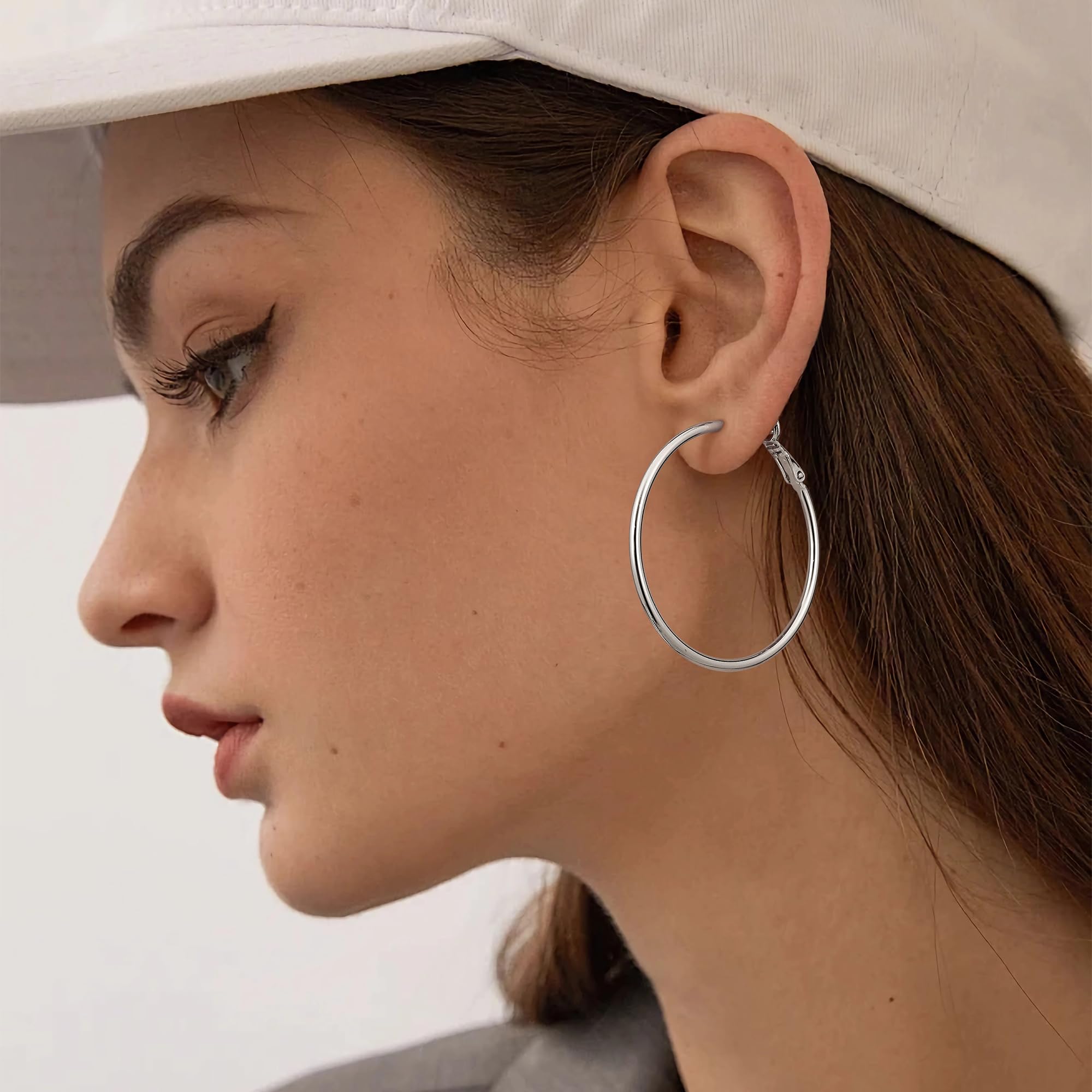 Gacimy Medium Silver Hoop Earrings for Women 14K White Gold Plated, 925 Sterling Silver Post Hoops for Women, 40mm White Gold Medium Earrings