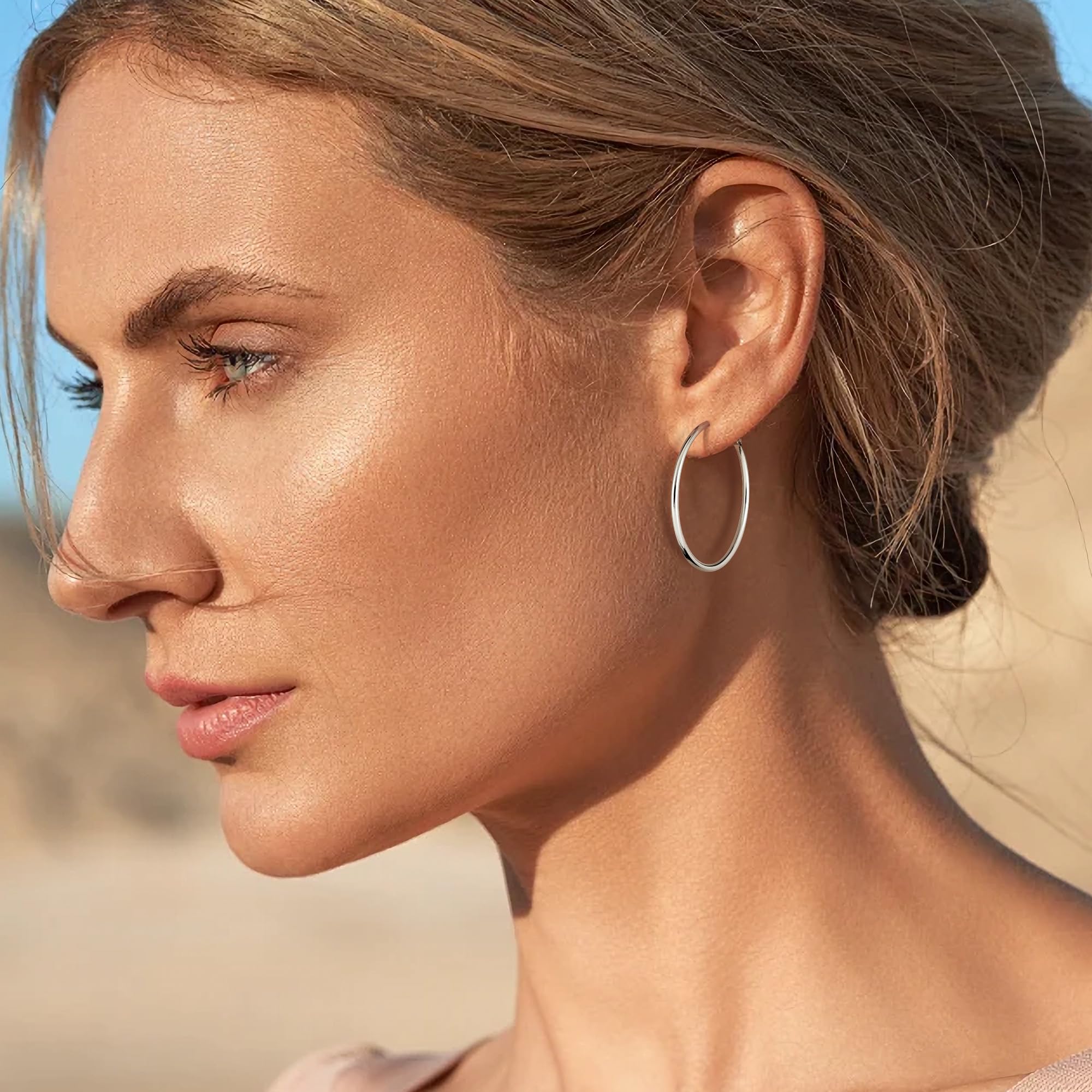 Gacimy Medium Silver Hoop Earrings for Women 14K White Gold Plated, 925 Sterling Silver Post Hoops for Women, 40mm White Gold Medium Earrings