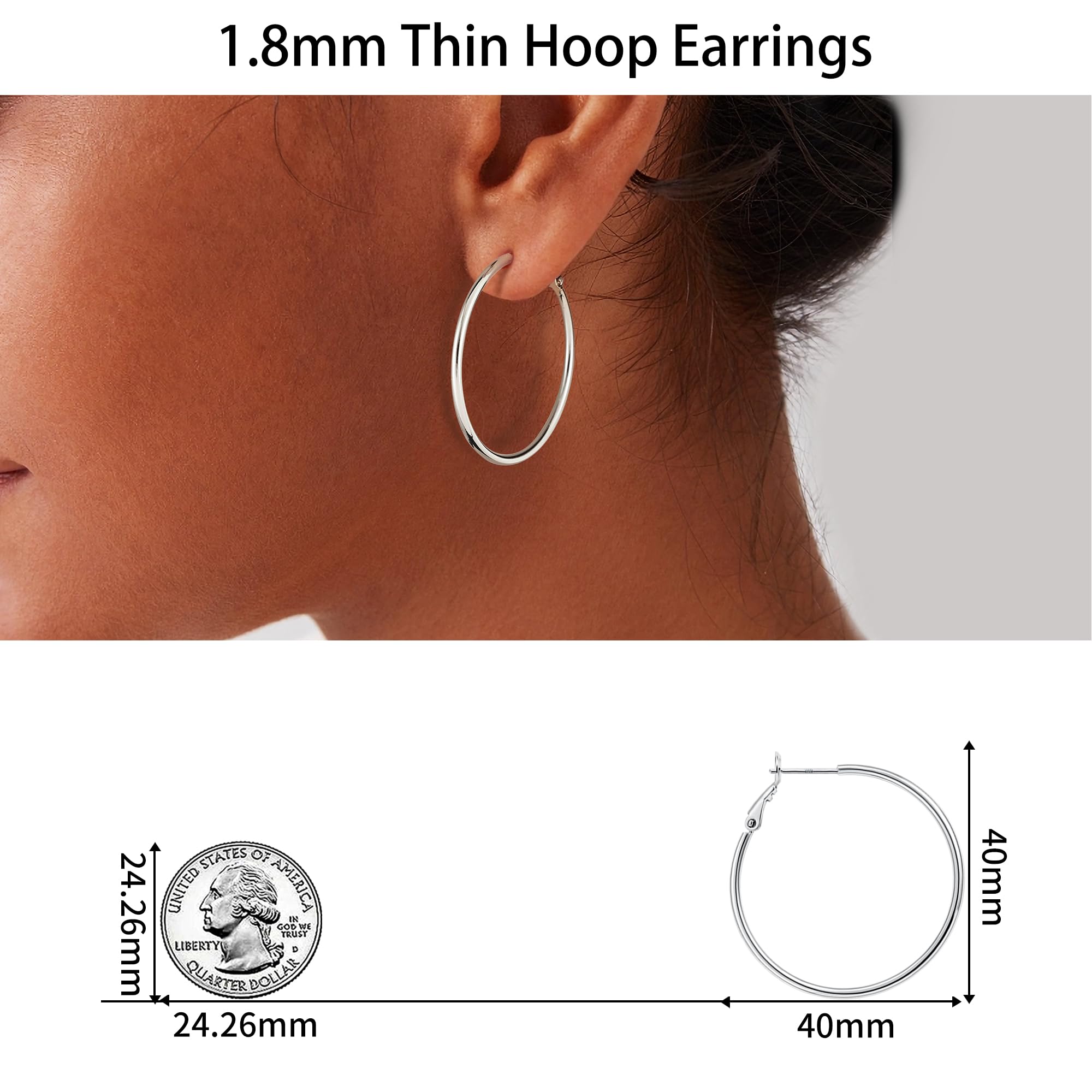 Gacimy Medium Silver Hoop Earrings for Women 14K White Gold Plated, 925 Sterling Silver Post Hoops for Women, 40mm White Gold Medium Earrings