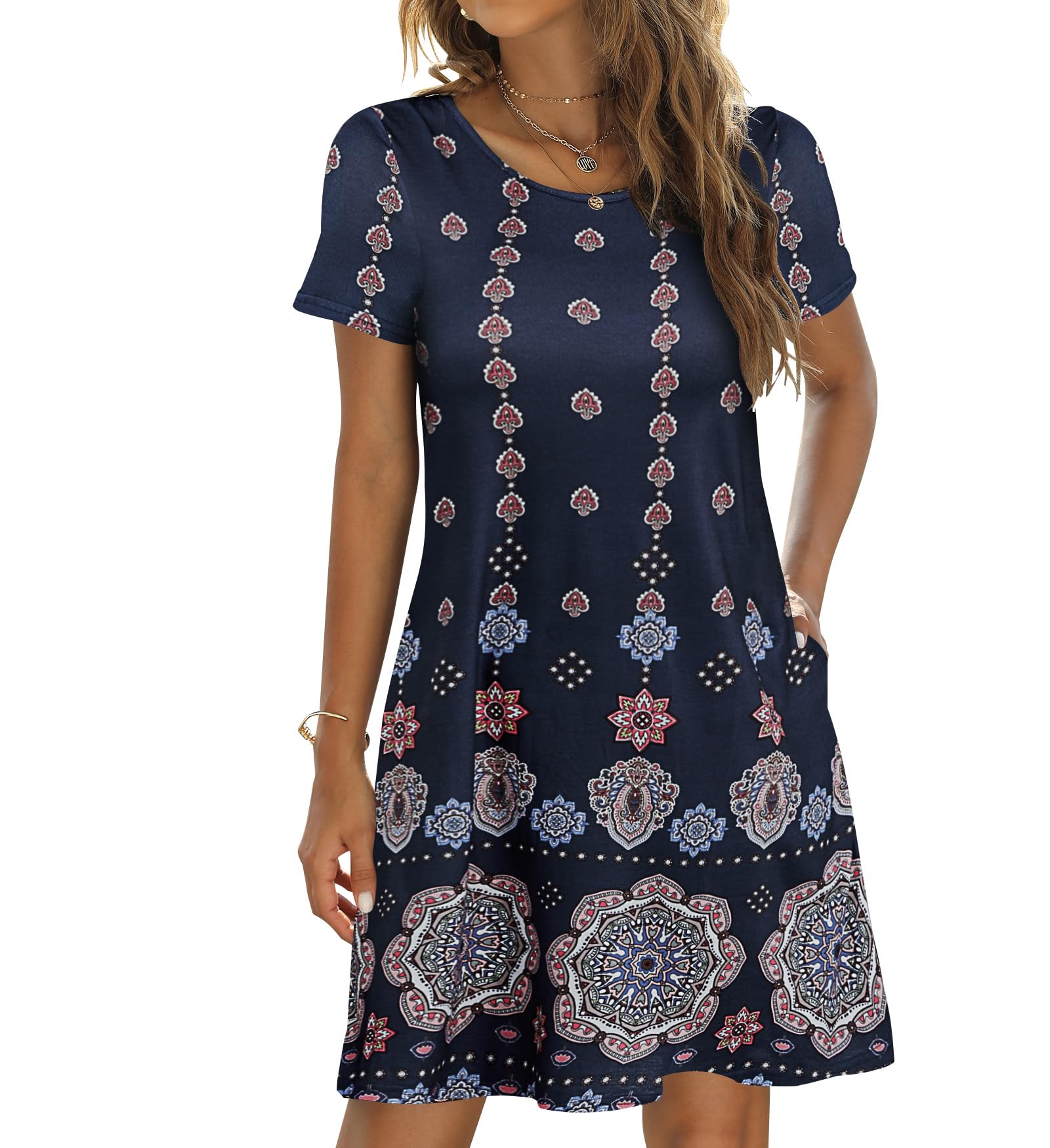 Sherosa Women's Easter Dresses Floral Sun Dresses Summer Casual with Pockets Loose Cotton Dresses(L,Navy Blue Floral)