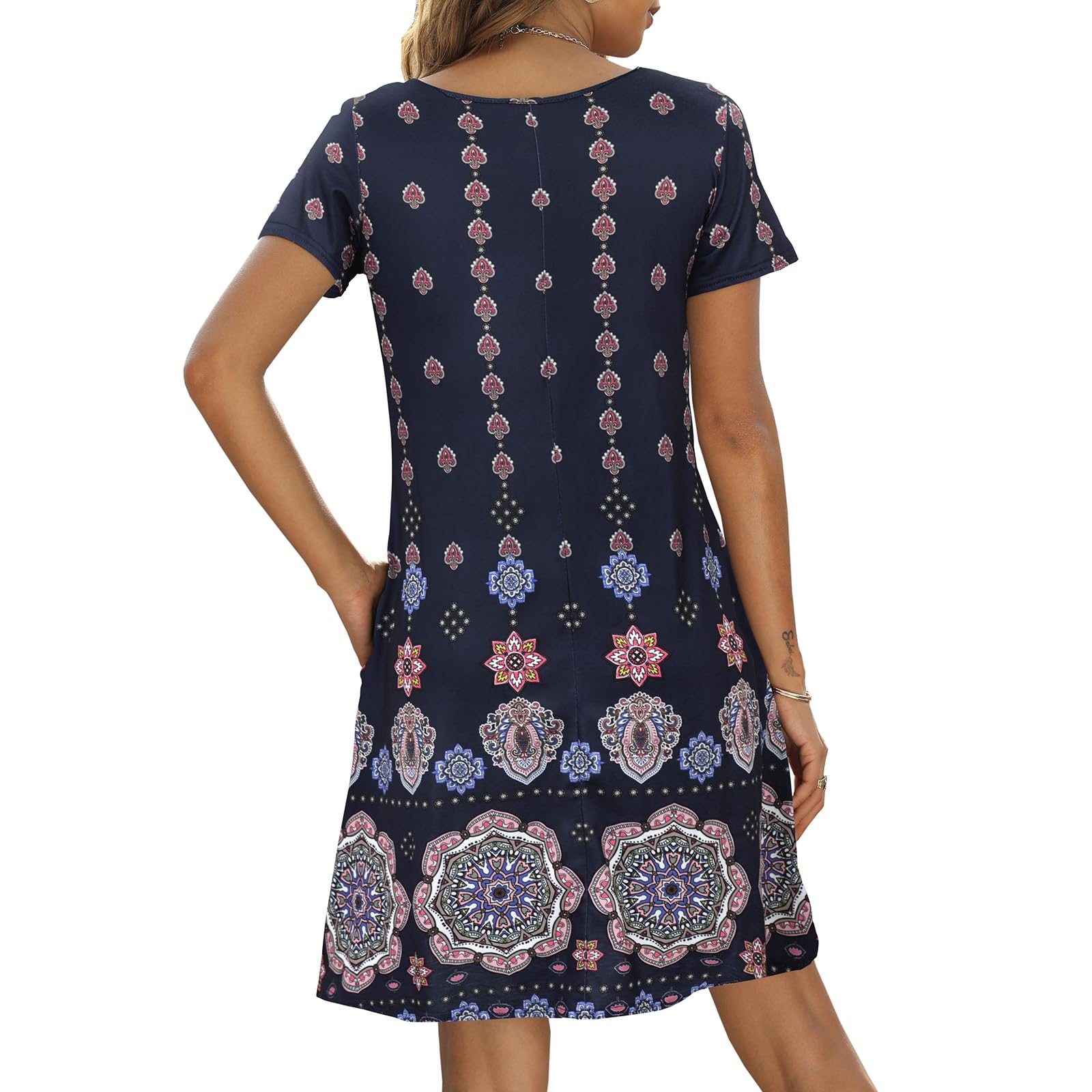Sherosa Women's Easter Dresses Floral Sun Dresses Summer Casual with Pockets Loose Cotton Dresses(L,Navy Blue Floral)