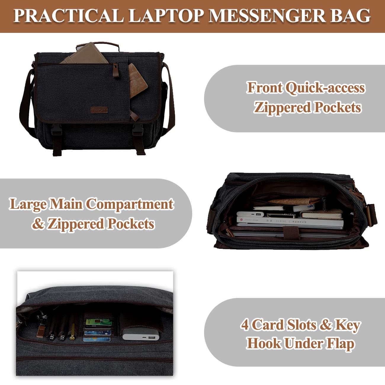 VASCHY Messenger Bag for Men, Canvas Water Resistant Briefcases 15.6in Laptop Bag Crossbody Satchel Computer Bags for Work Office Bag for Women Dark Gray