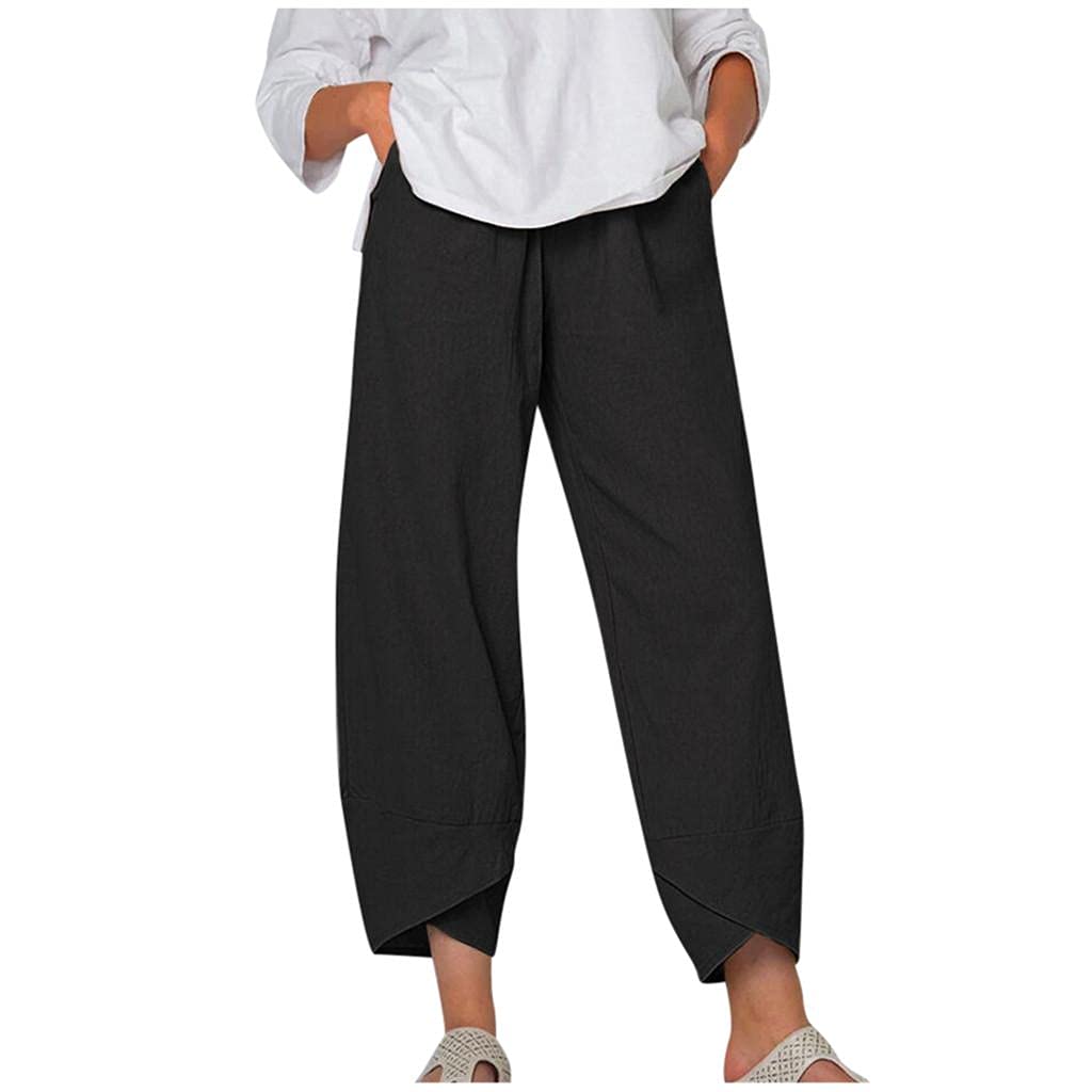 Burband Petite to Plus Size Womens Wide Leg Boho Linen Pants Summer Beach Capris Elastic Waist Palazzo Cropped Harem Pants, black, 4X-Large