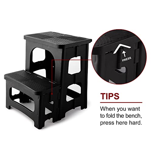Topfun 8" 17" Folding 2-Step Stool, Non-Slip Fold Stools for Adults or Kids, Hold up to 300 lbs, Portable Footstool for Kitchen Home Toilet Bedroom Office RV