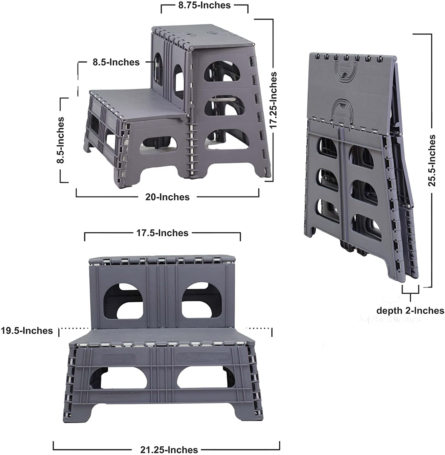 Bee Neat Folding 2 Step Stool for Adults - Collapsible & Foldable Step Ladder for Office, Garage, Closet, Bathroom - Non-Slip & Wide Stepping Stool Supports 300lbs - Industrial - Gray