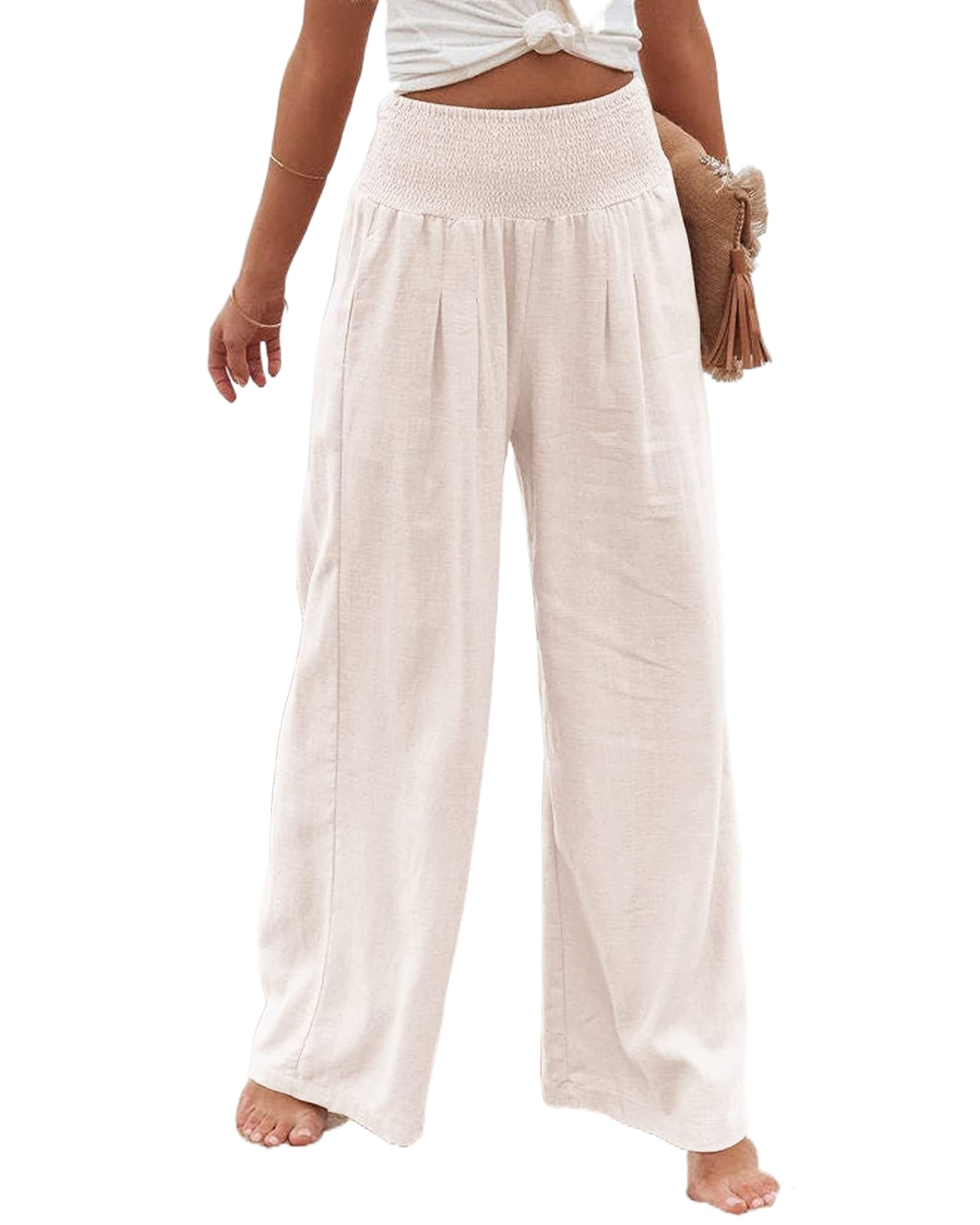 Women Linen Pants Elastic High Waist Wide Leg Palazzo Lounge Pants Casual Loose Beach Pants with Pockets (M, White)