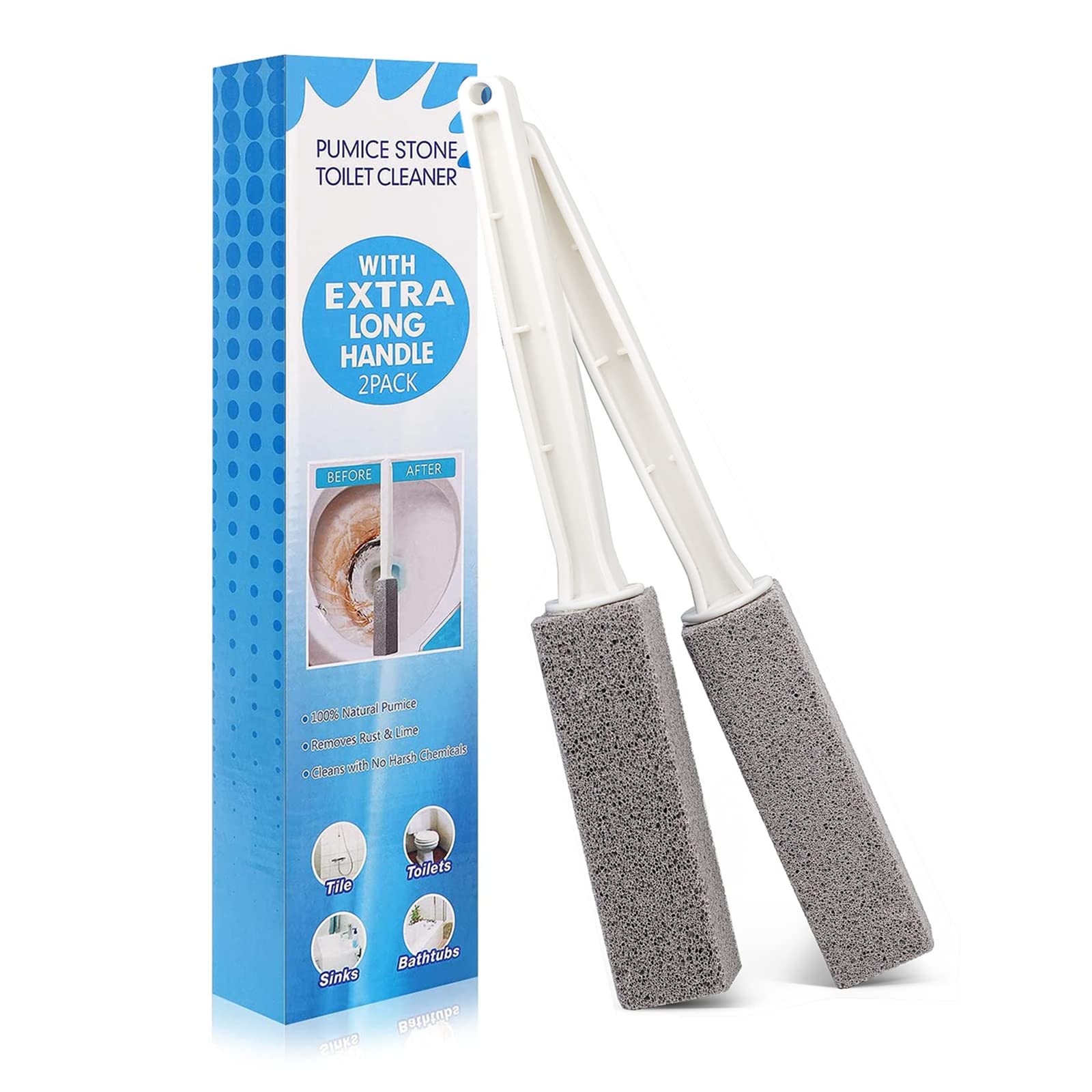 Jspeggy 2 Pack 100% Natural Pumice Toilet Brush with Extra Long Handle, Hard Water Ring Remover for Toilet, Pool, Bathroom, Tiles & BBQ Grills