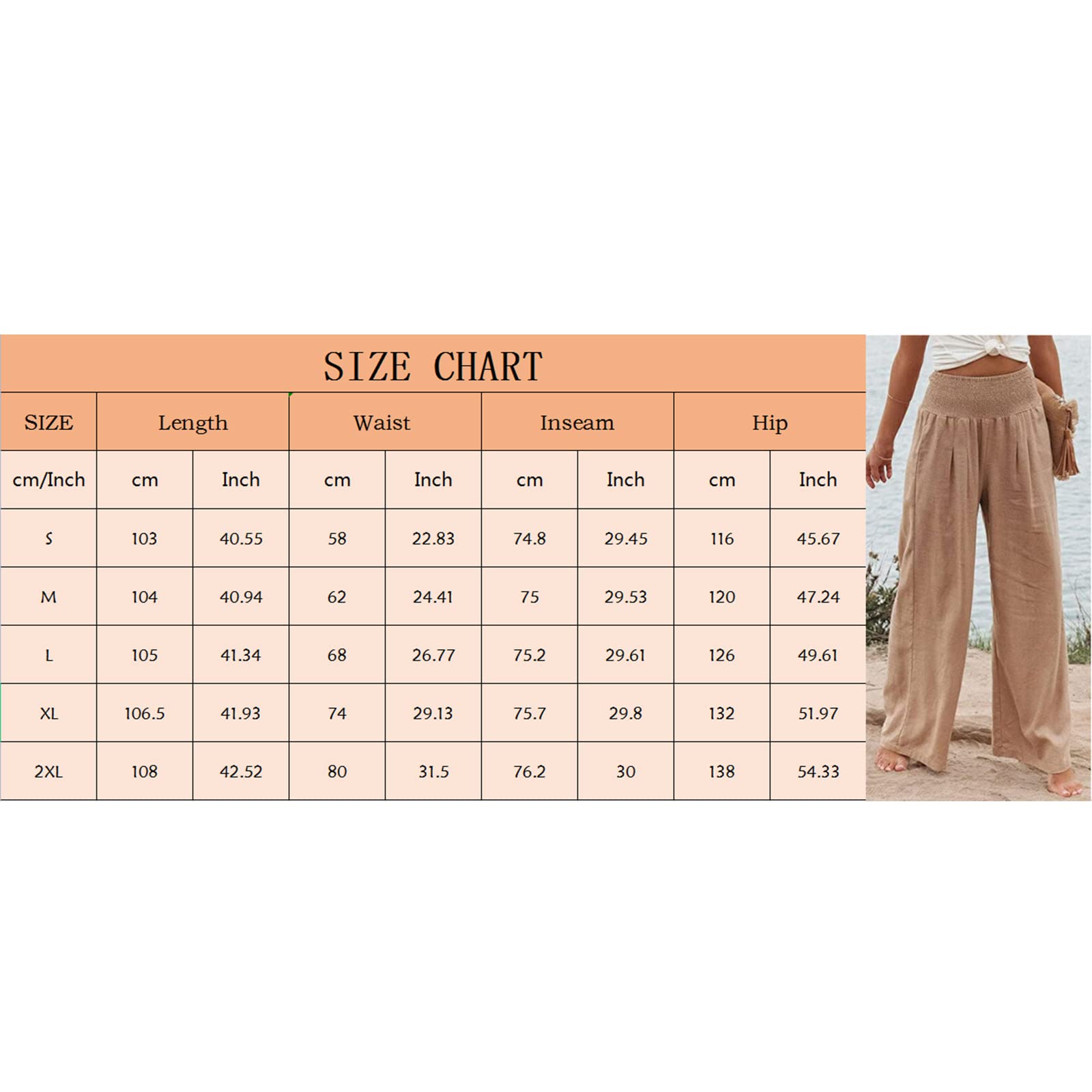 Women Linen Pants Elastic High Waist Wide Leg Palazzo Lounge Pants Casual Loose Beach Pants with Pockets (M, White)