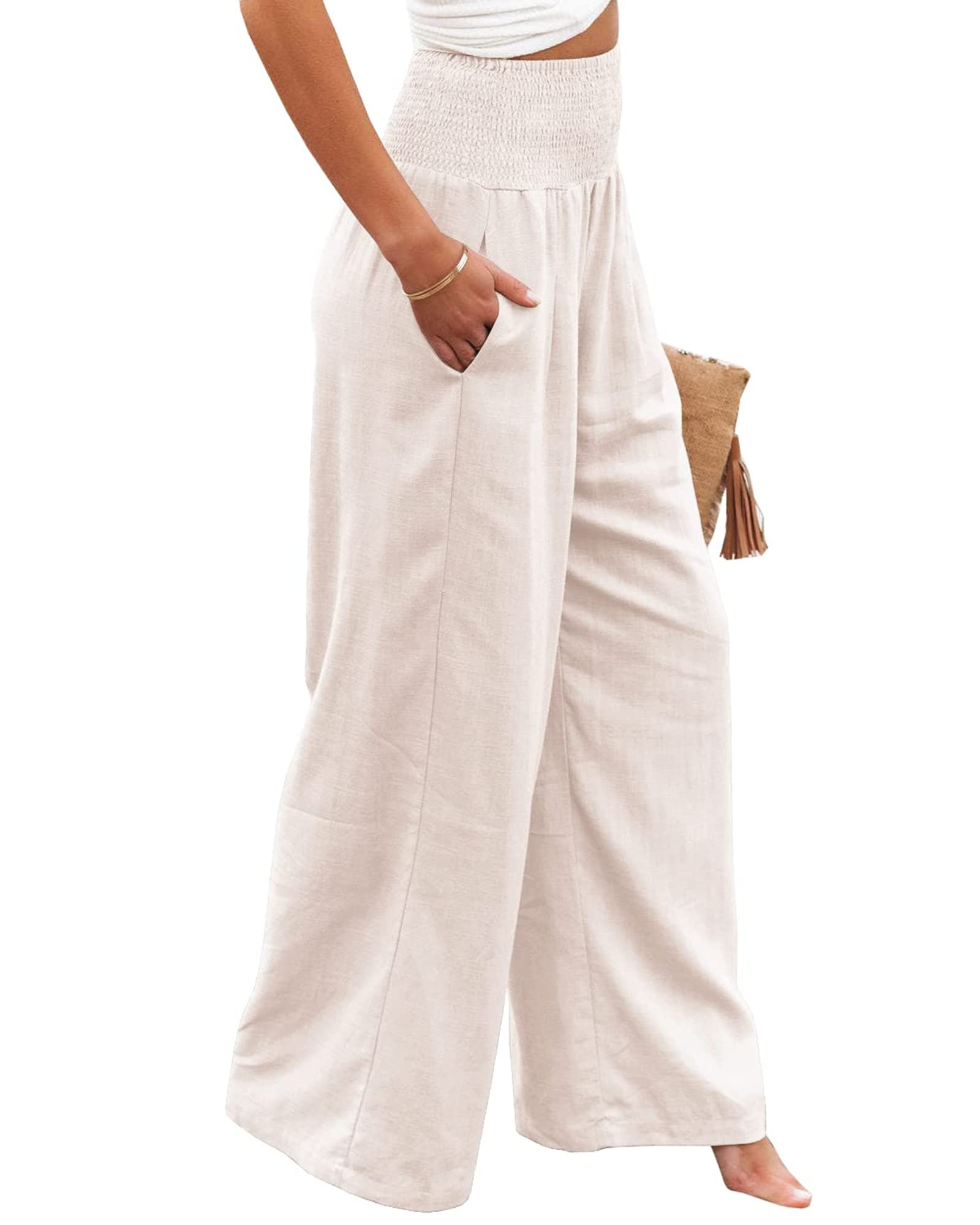 Women Linen Pants Elastic High Waist Wide Leg Palazzo Lounge Pants Casual Loose Beach Pants with Pockets (M, White)
