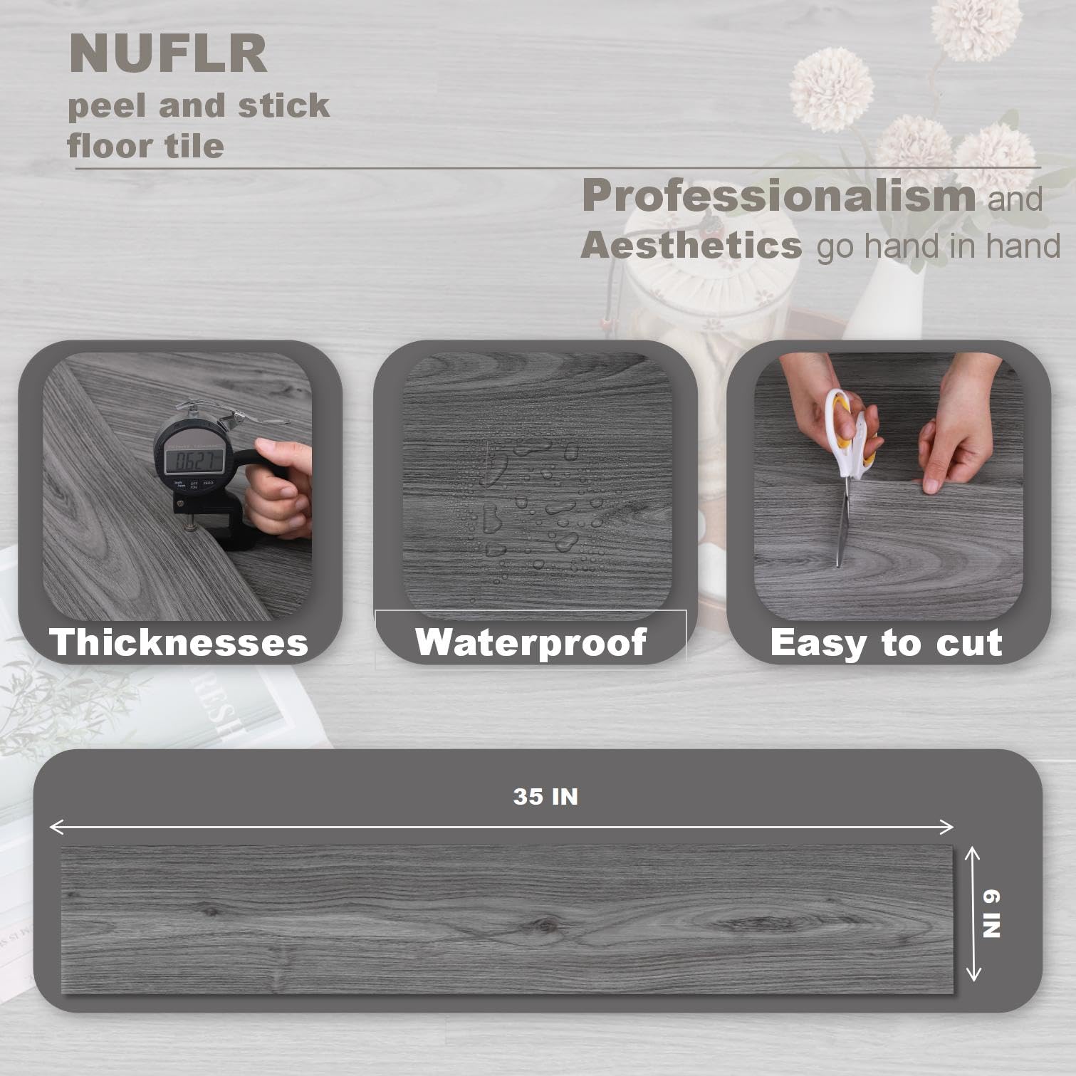NUFLR Peel and Stick Floor Tile, Vinyl Flooring Natural Grey Wood, Easy to Install and Removable for Update Bathroom Kitchen RV (6 X 35In, 10 PCS)……