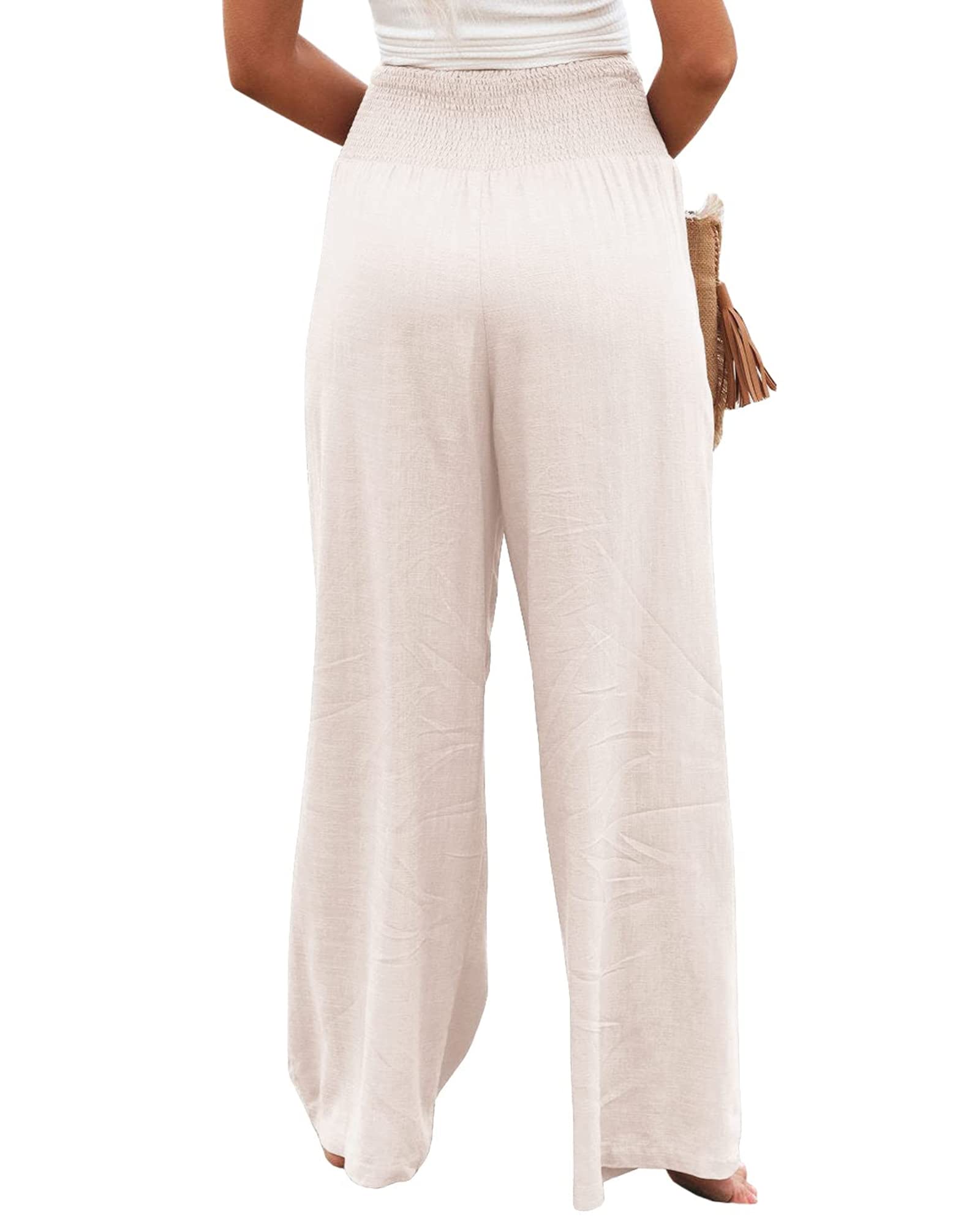 Women Linen Pants Elastic High Waist Wide Leg Palazzo Lounge Pants Casual Loose Beach Pants with Pockets (M, White)