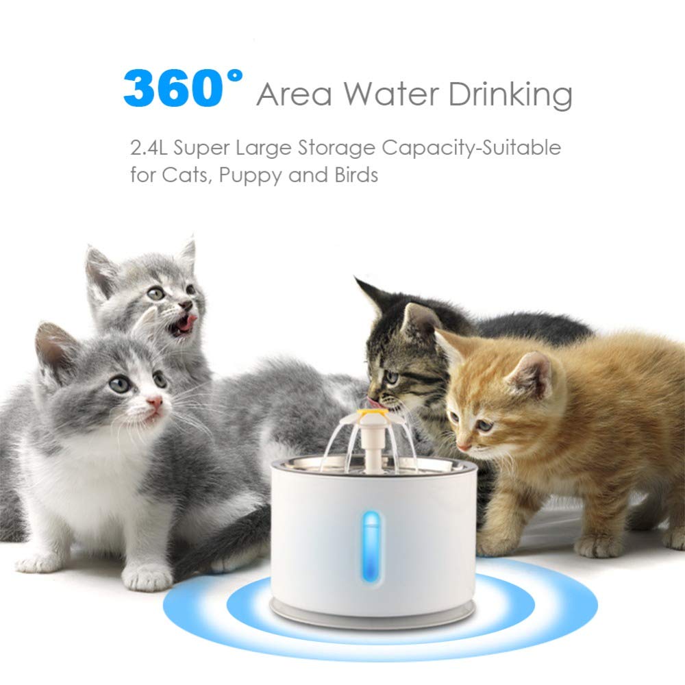 Beacon Pet Fountain, Cat Water Fountain 84oz/2.4L Automatic Dog Fountain Stainless Steel Pet Drinking Water Dispenser with LED Indicator for Cats, Dogs, Multiple Pets