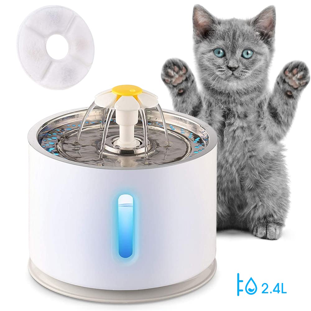 Beacon Pet Fountain, Cat Water Fountain 84oz/2.4L Automatic Dog Fountain Stainless Steel Pet Drinking Water Dispenser with LED Indicator for Cats, Dogs, Multiple Pets