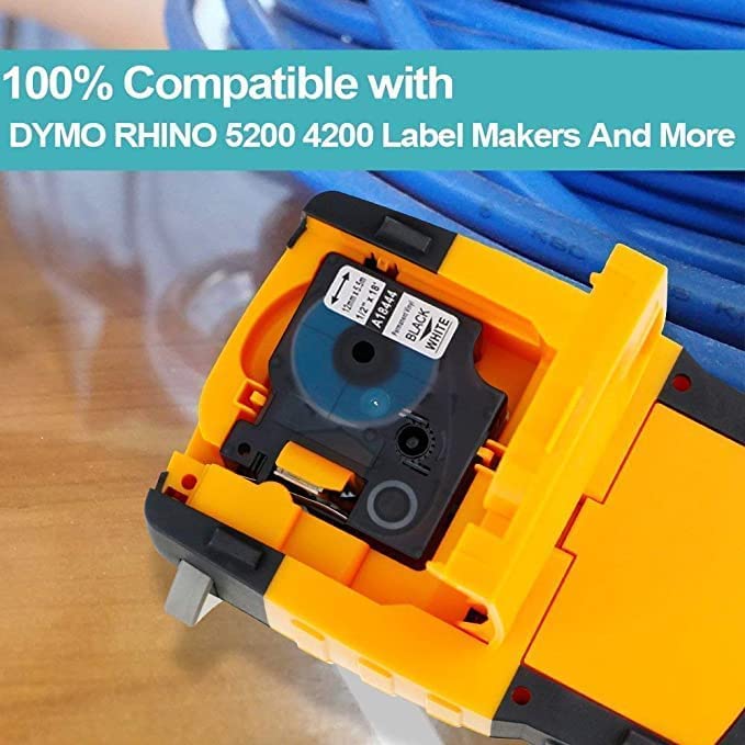 Aonomi Rhino 18443 18444 18445 9mm 12mm 19mm Label Tapes Replace for DYMO Rhino 3/8" 1/2" 3/4" Permanent Vinyl Tape Compatible with DYMO Rhino 4200 5200 5000 6000+ Label Maker, Black on White,3-Pack