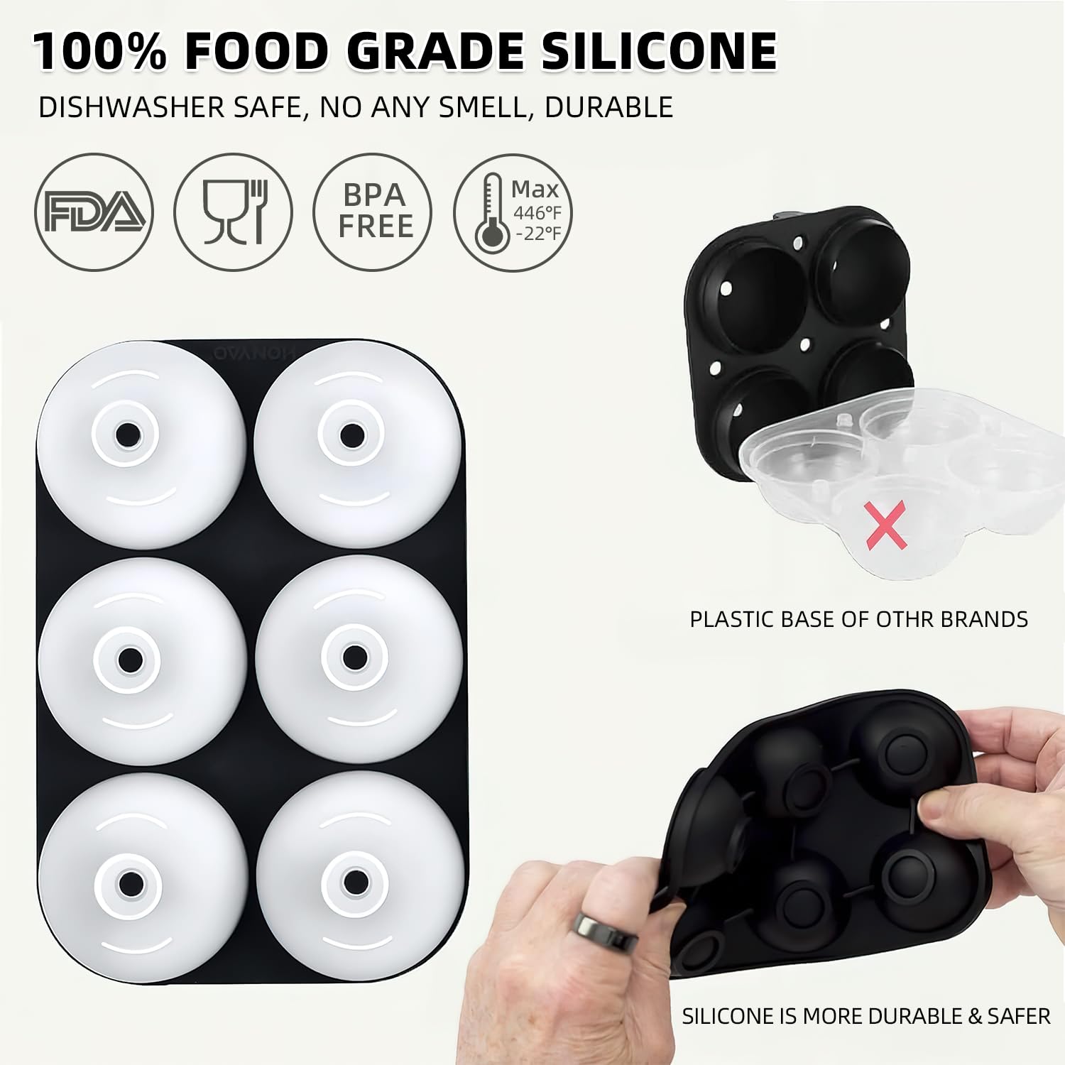 HONYAO Whiskey Cocktail Ice Mold, Easy Fill and Release Silicone Round Ice Ball Maker Mold Large Square Ice Cube Tray with Lid - 6 Ice Balls + 6 Ice Cubes Black
