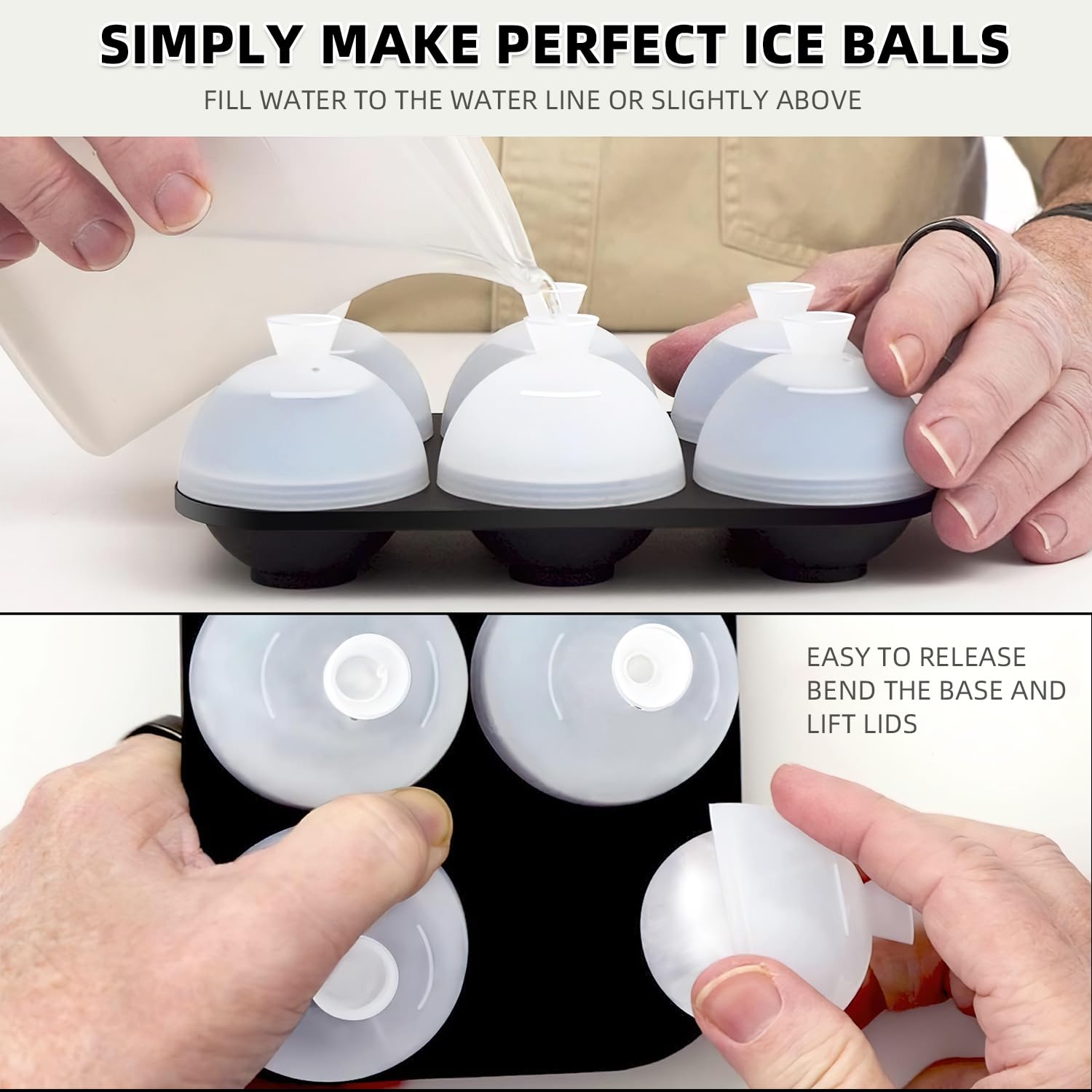 HONYAO Whiskey Cocktail Ice Mold, Easy Fill and Release Silicone Round Ice Ball Maker Mold Large Square Ice Cube Tray with Lid - 6 Ice Balls + 6 Ice Cubes Black