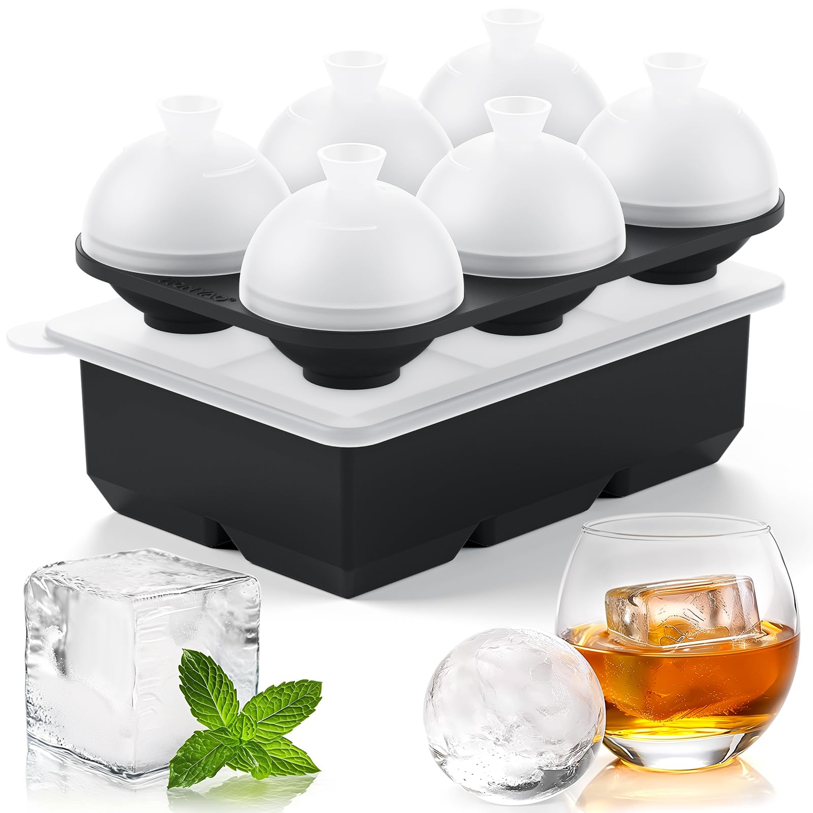 HONYAO Whiskey Cocktail Ice Mold, Easy Fill and Release Silicone Round Ice Ball Maker Mold Large Square Ice Cube Tray with Lid - 6 Ice Balls + 6 Ice Cubes Black