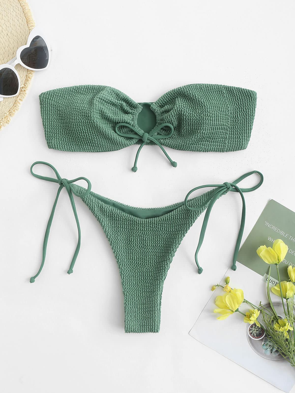ZAFUL O Ring Bandeau Bikini Sets for Women Sexy Strapless Swimsuits 2 Piece High Cut Bathing Suit Side Tie Light Green M