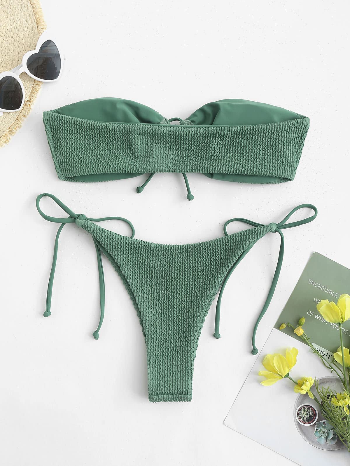 ZAFUL O Ring Bandeau Bikini Sets for Women Sexy Strapless Swimsuits 2 Piece High Cut Bathing Suit Side Tie Light Green M