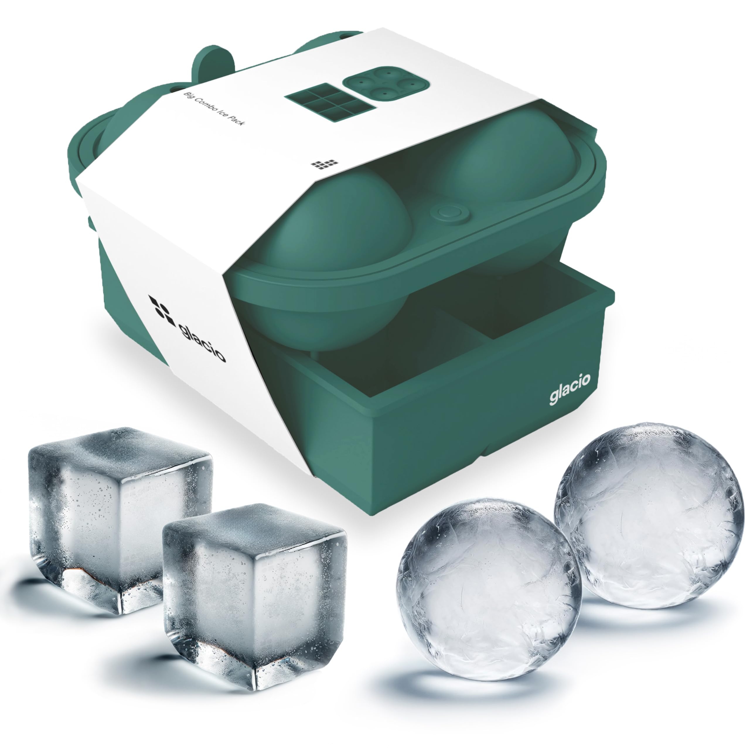 glacio Ball Ice Cube Tray and Big Ice Cube Molds for Whiskey, Slow-Melting, 100% Silicone, No-Plastic, Easy Release, Ideal for Gifting and Elevating Cocktails