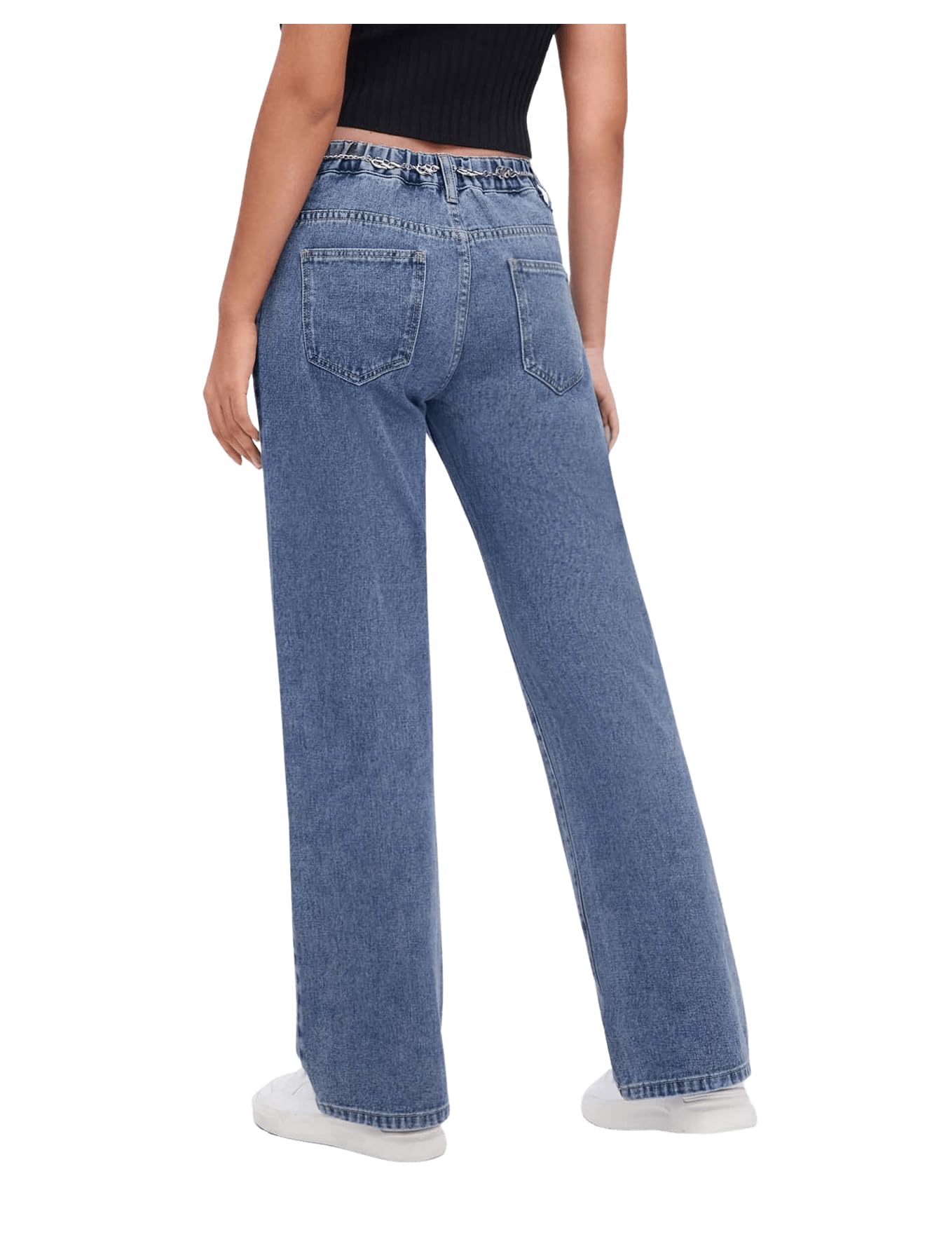 SweatyRocks Women's Casual Low Rise Wide Leg Jeans Chain Straight Leg Denim Pants with Pockets Medium Wash M