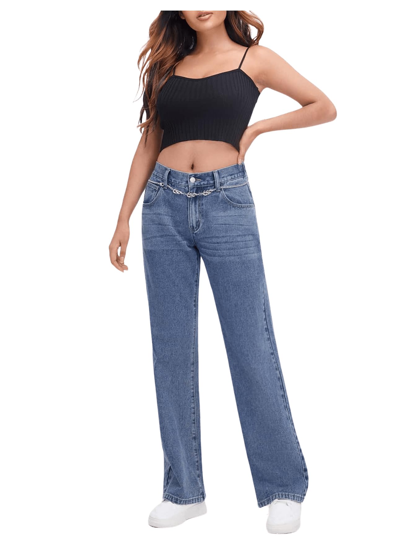 SweatyRocks Women's Casual Low Rise Wide Leg Jeans Chain Straight Leg Denim Pants with Pockets Medium Wash M